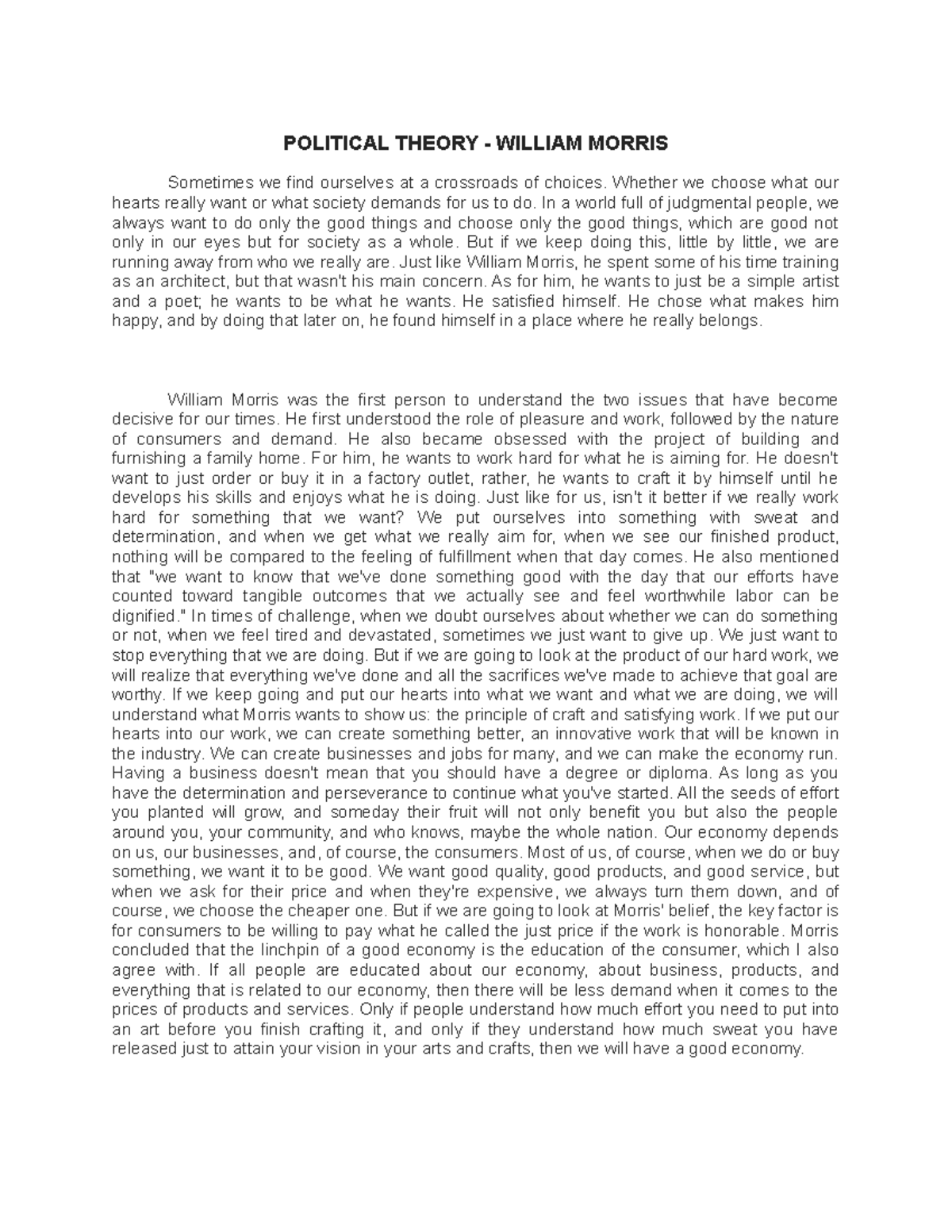 Political Theory - William Morris Reflection Paper - POLITICAL THEORY - WILLIAM MORRIS Sometimes ...