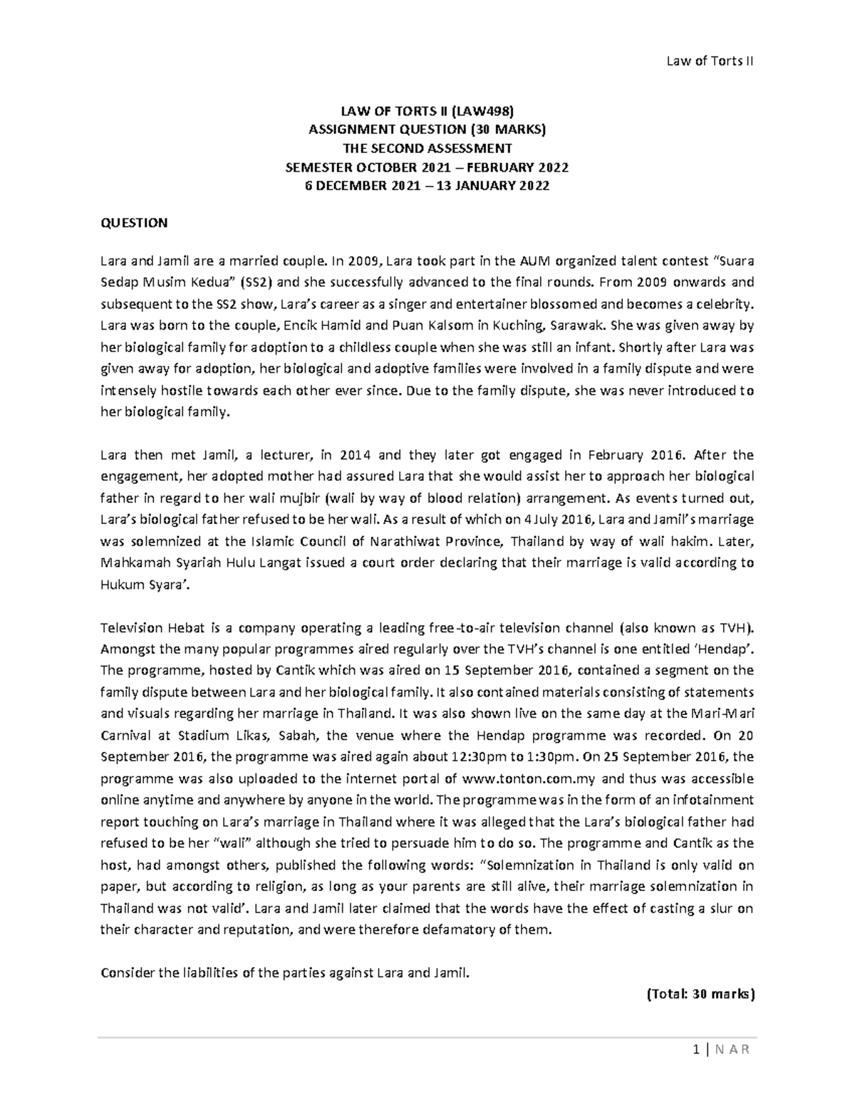 Assignment LAW498 061221 - Law of Torts II - UiTM - Studocu