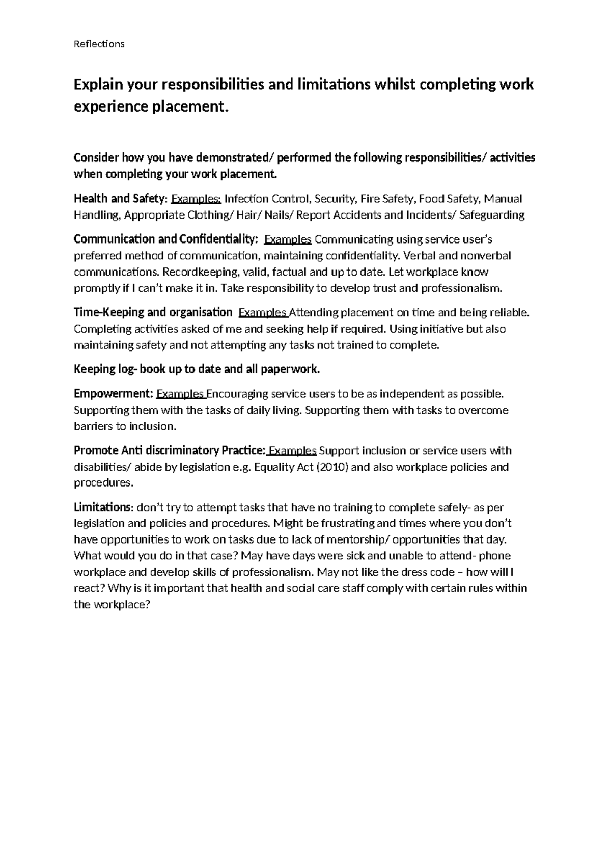 Activity Sheet One 1 - Reflections Explain your responsibilities and ...