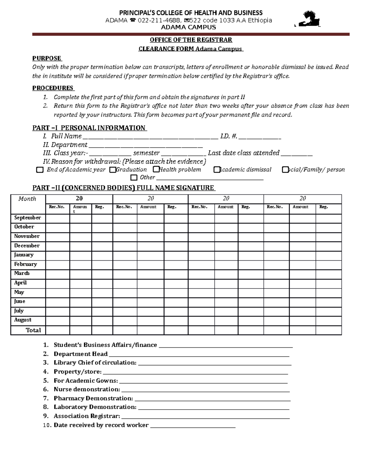 Clearance Format for Students - PRINCIPAL’S COLLEGE OF HEALTH AND ...