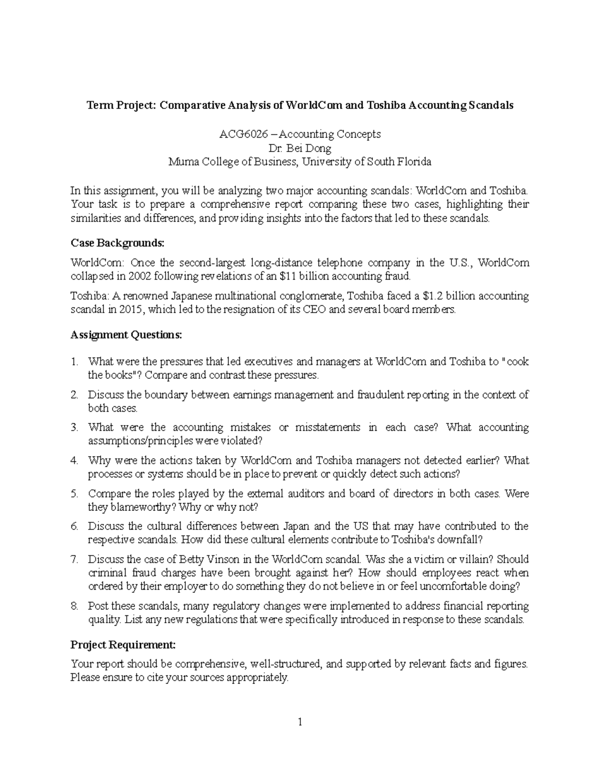 Project requirement World Com vs Toshiba - Term Project: Comparative ...