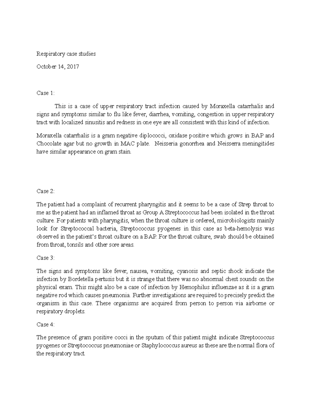 Respiratory case study answers - Respiratory case studies October 14 ...