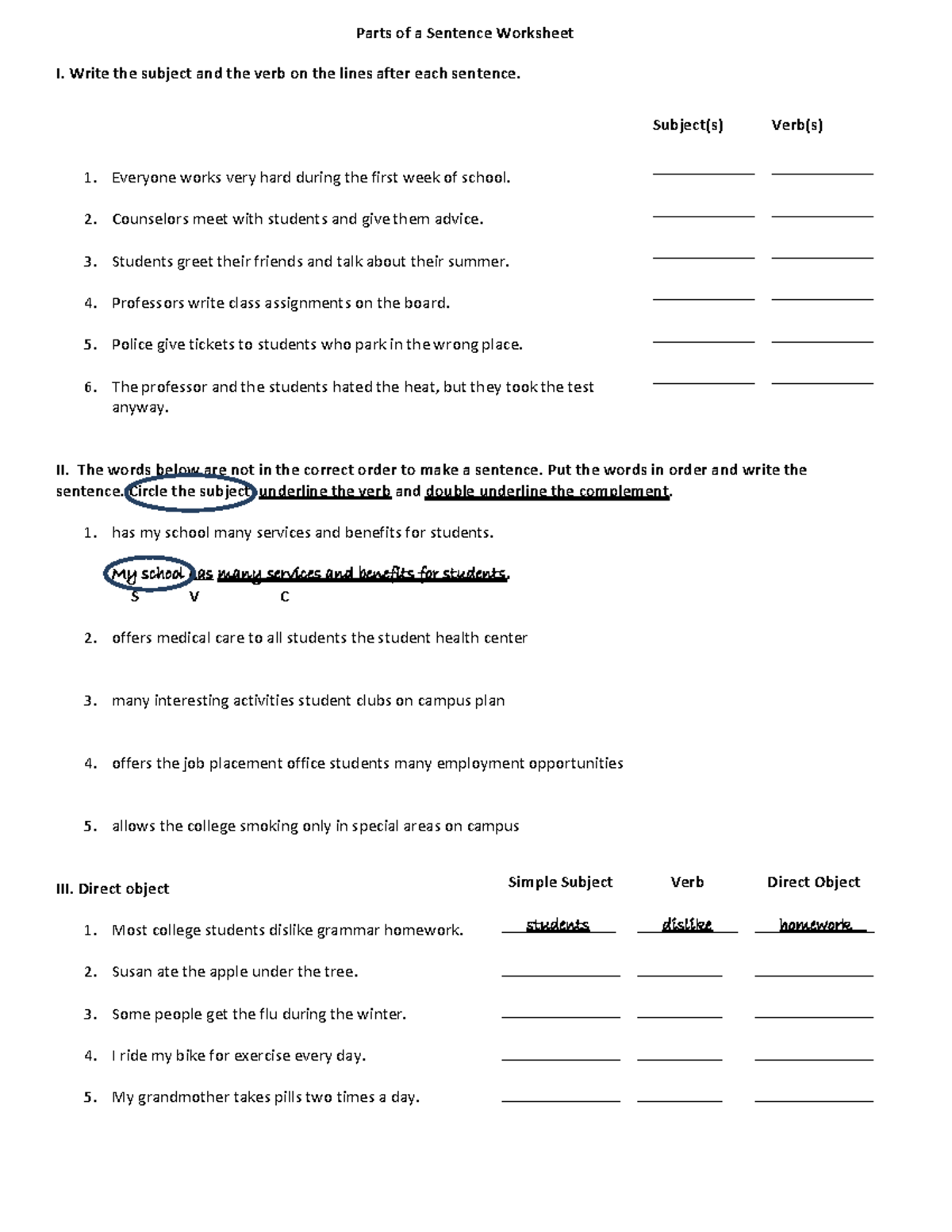 ESL 10W Week 1.2 5 Parts of a Sentence Worksheet 20230830 - Parts of a ...
