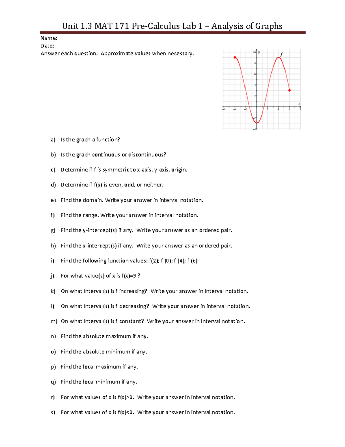 Unit 1.3 Functions and Graphs Lab - Name: Date: Answer each question ...