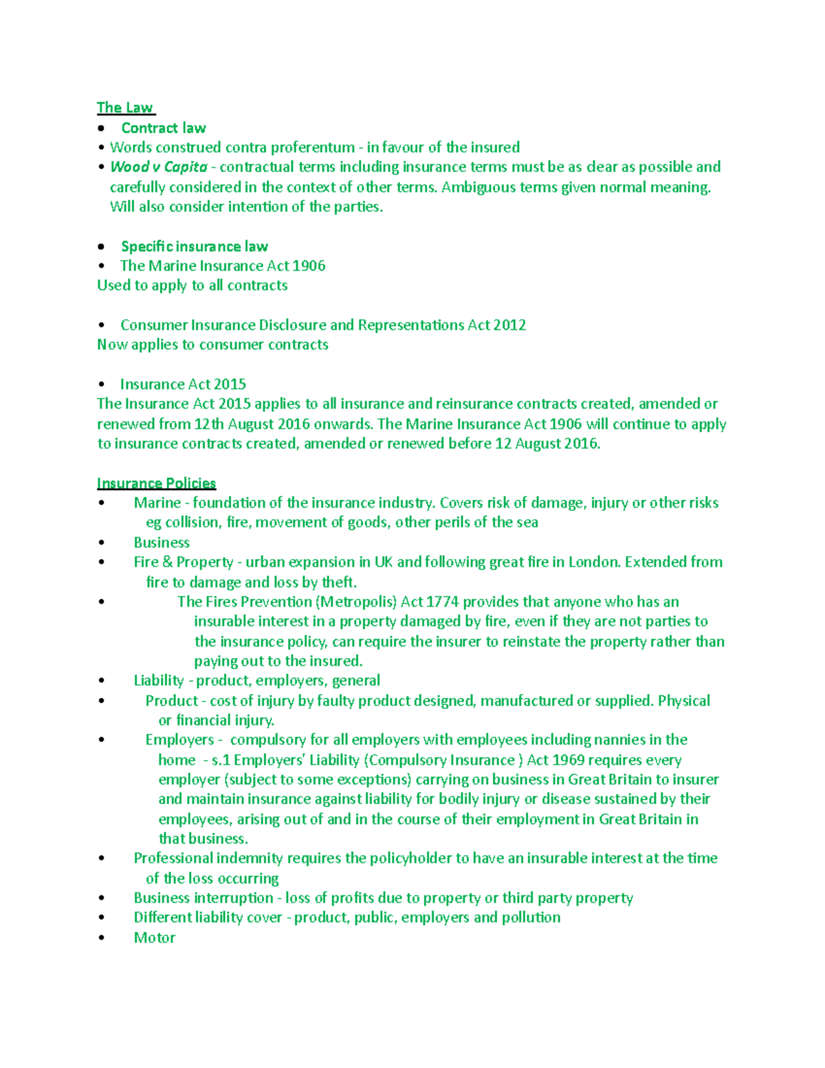 The Law- Insurance - law lecture notes - **The Law Contract law** Words ...