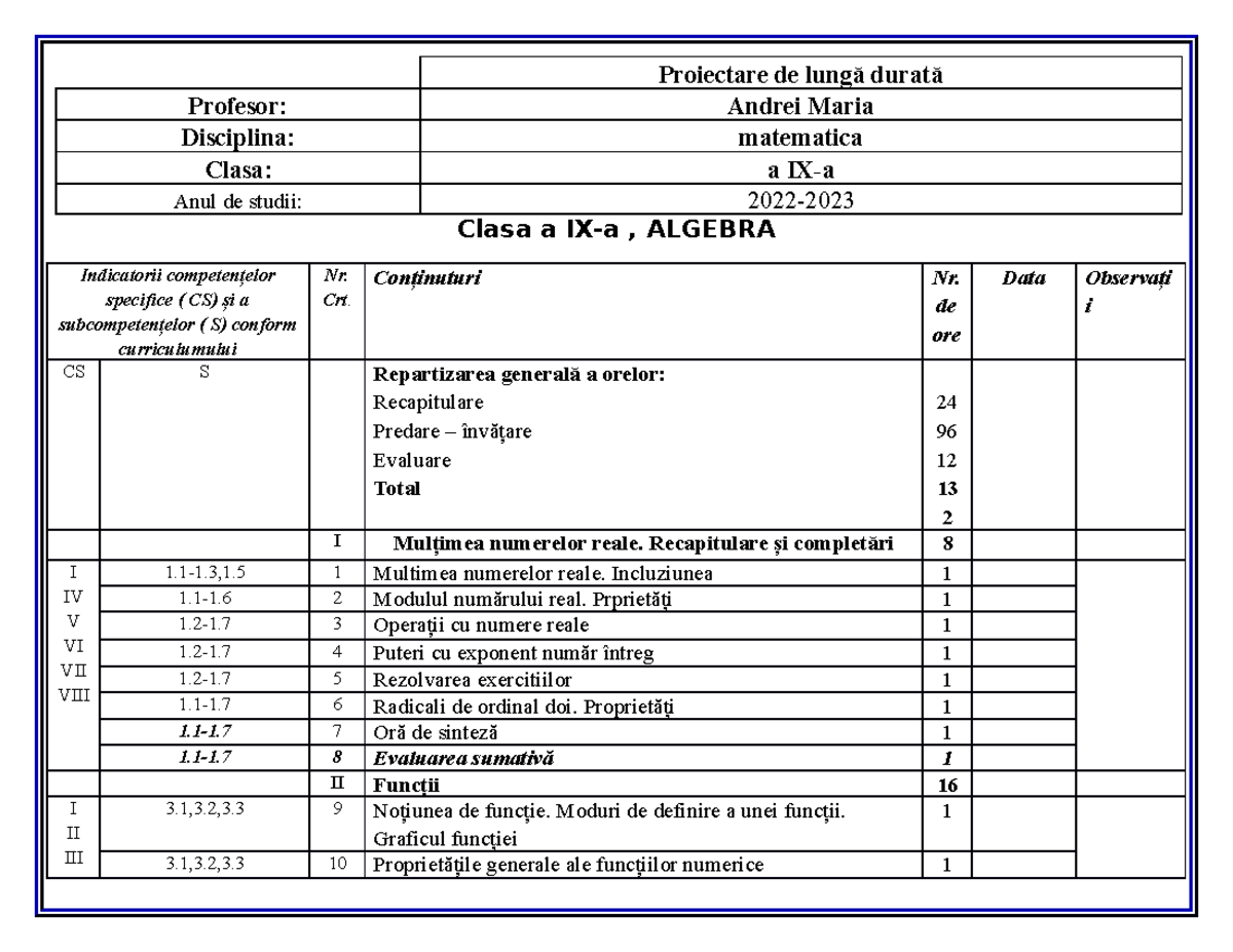 Proiectare de lunga durata clasa 9 - Proiectare de lungă durată Profesor: Andrei Maria ...