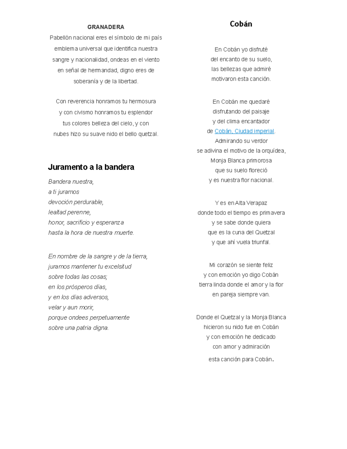 Granadera, Himno, Coban - GRANADERA Pabellón nacional eres el símbolo ...