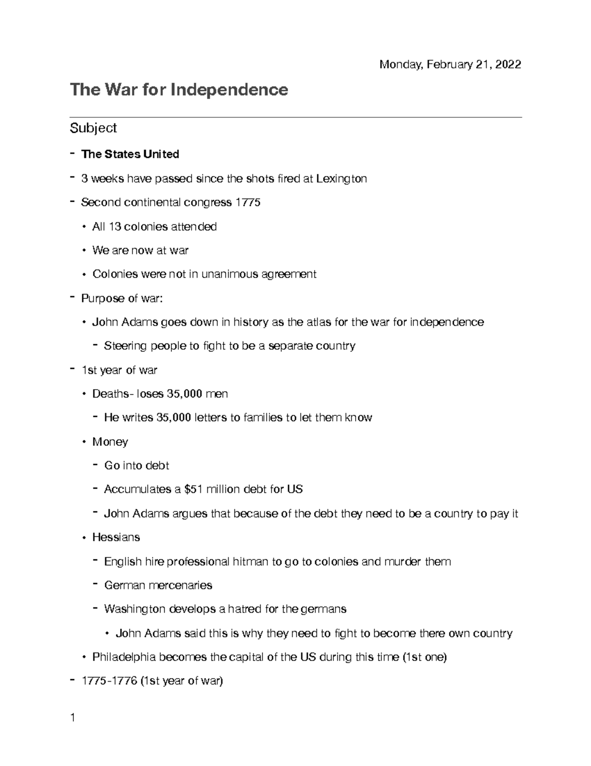 The War for Independence - The War for Independence Subject - The ...