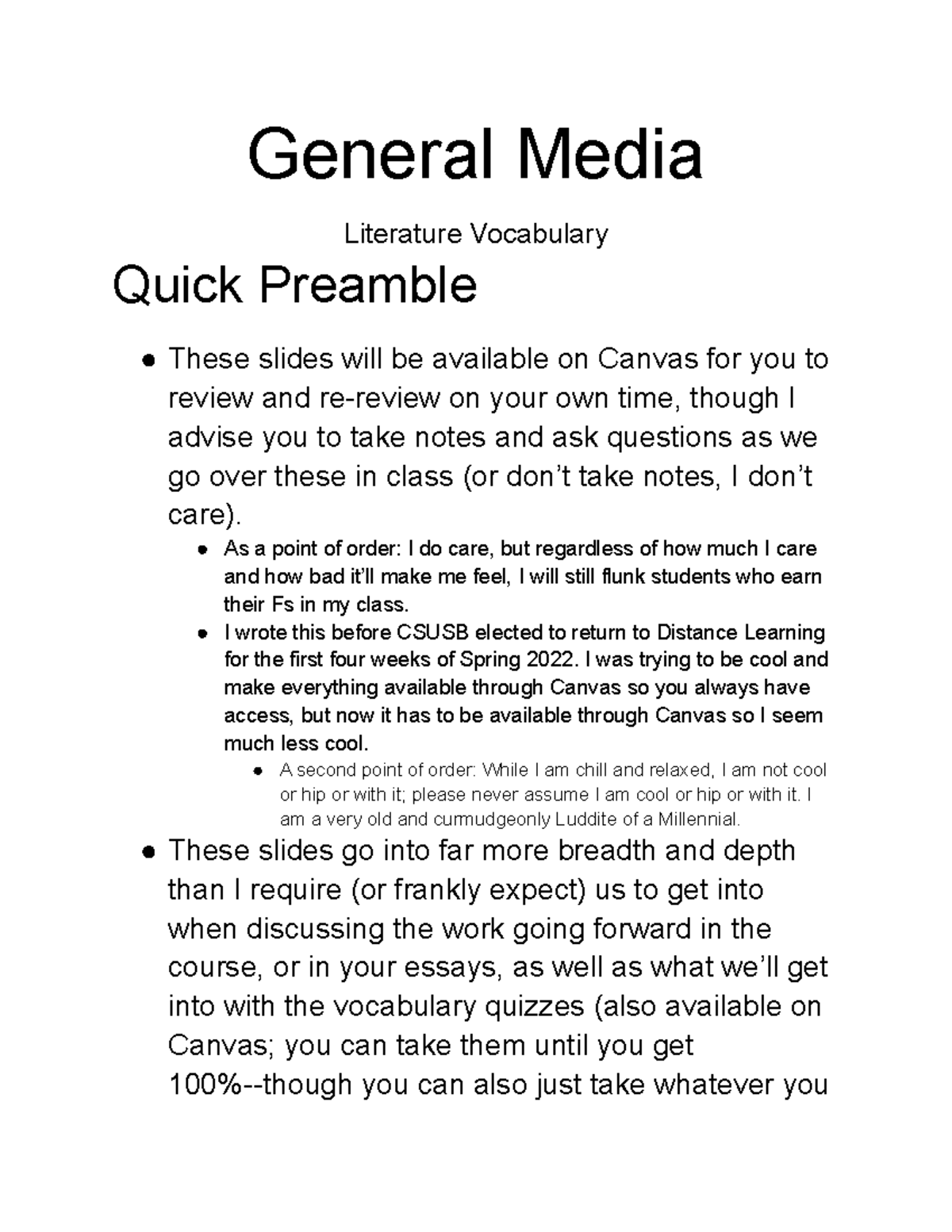 Notes - General Media Literature Vocabulary Quick Preamble These slides ...