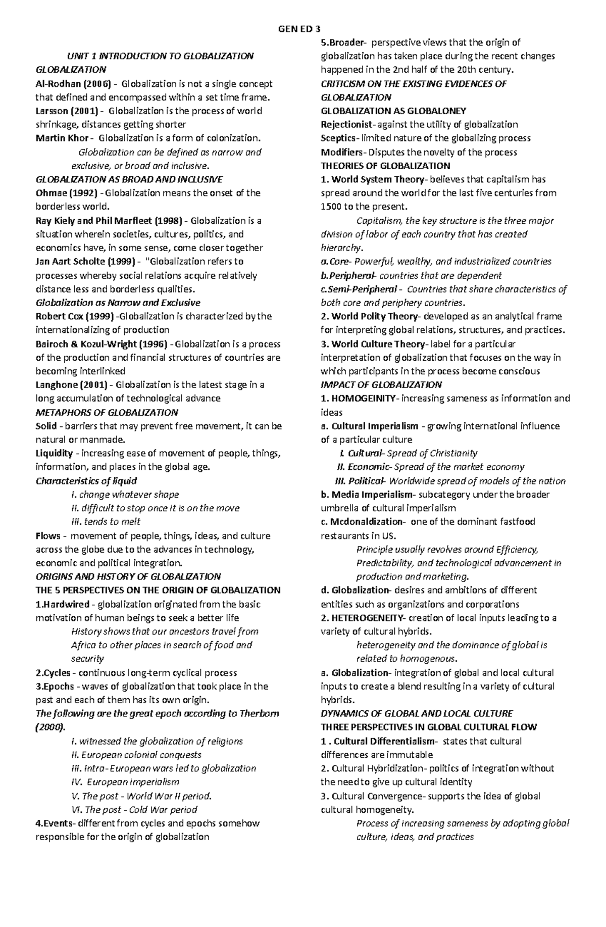 GEN ED 3 Reviewer - for reviwer - UNIT 1 INTRODUCTION TO GLOBALIZATION GLOBALIZATION Al-Rodhan ...