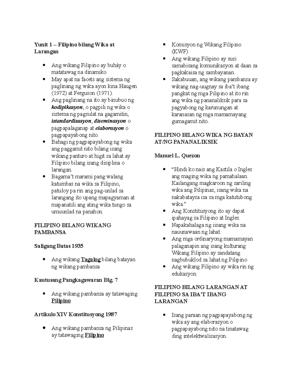 Filii Reviewerr - HELPFUL - Yunit 1 – Filipino bilang Wika at Larangan Ang wikang Filipino ay ...