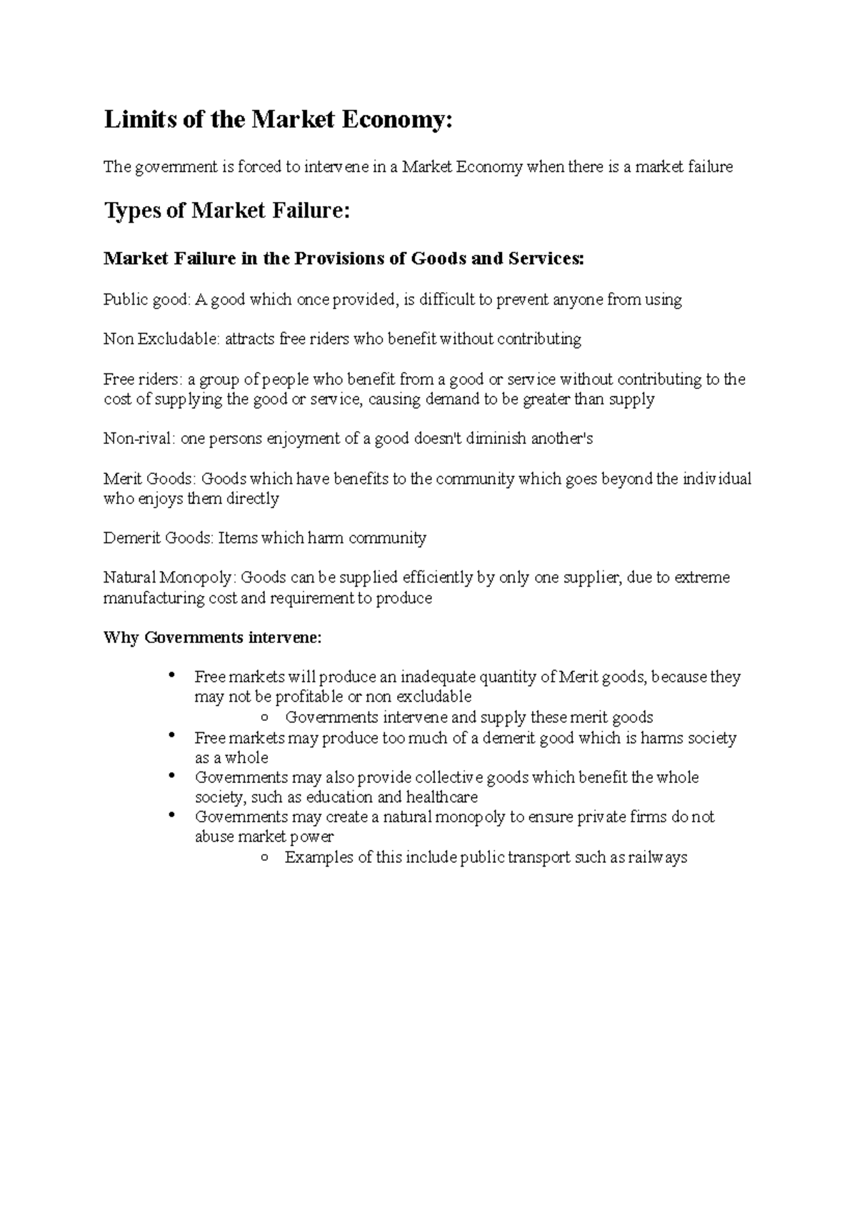 Economics lecture notes on the market economy - Limits of the Market ...