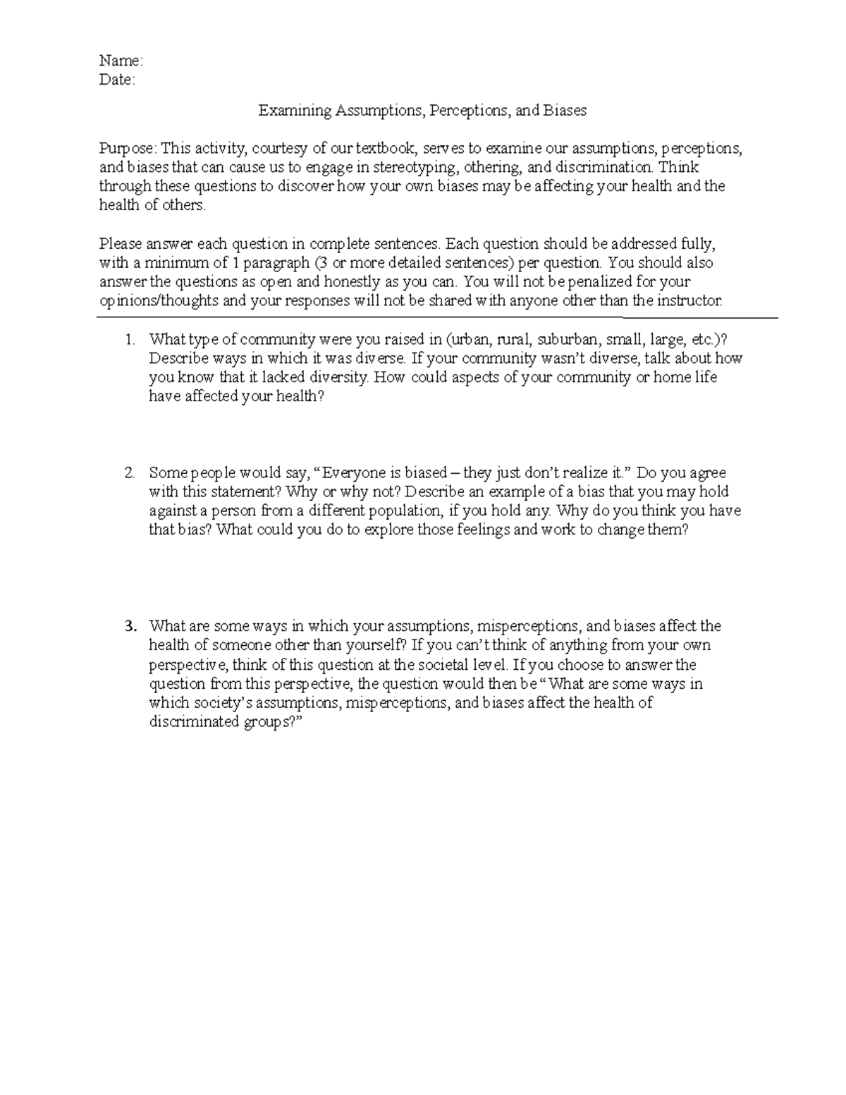 HEA201 Assumptions FA23 - Name: Date: Examining Assumptions ...