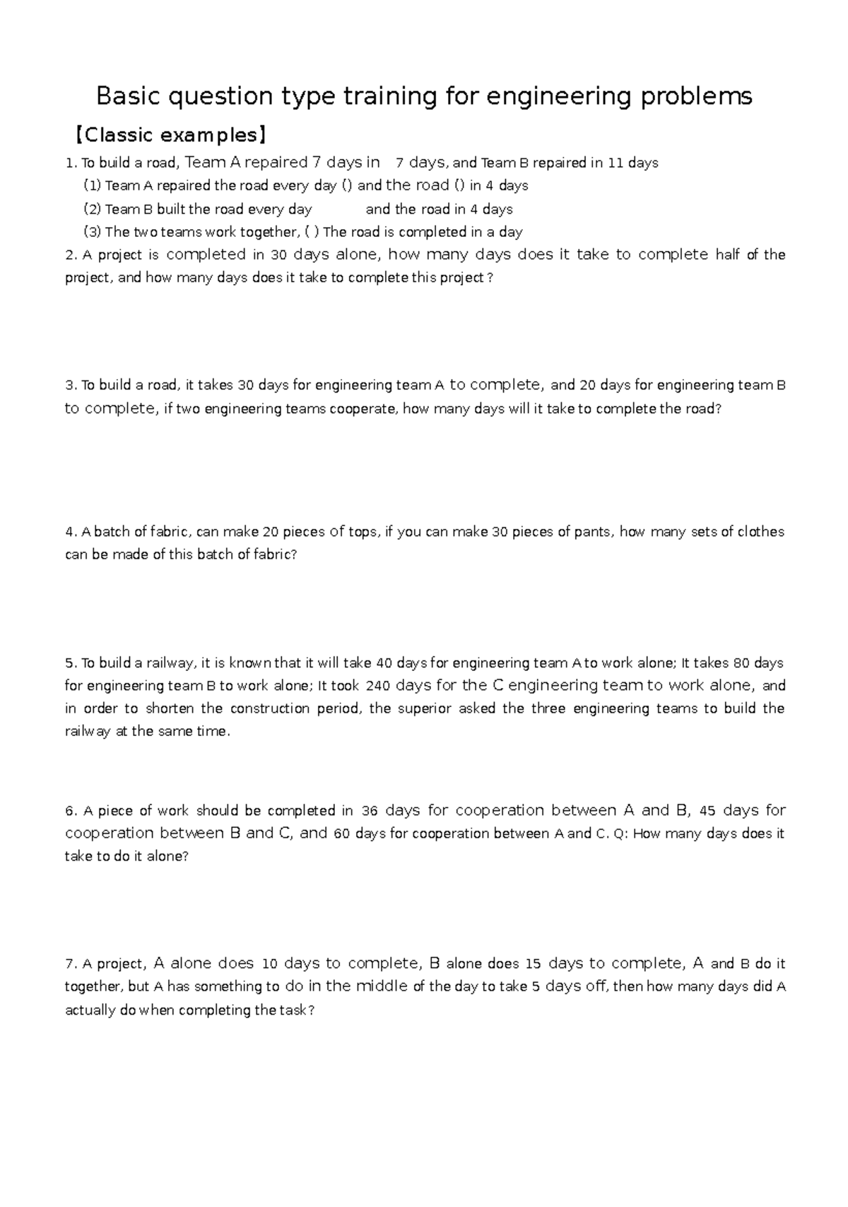 Basic question type training for engineering problems - To build a road ...