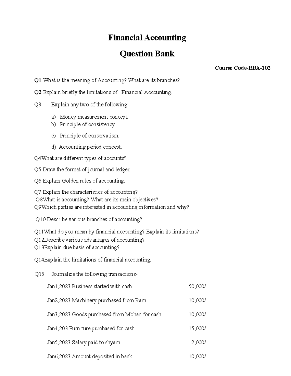 BBA-102-QB01 - Question bank for financial accounting - Financial ...