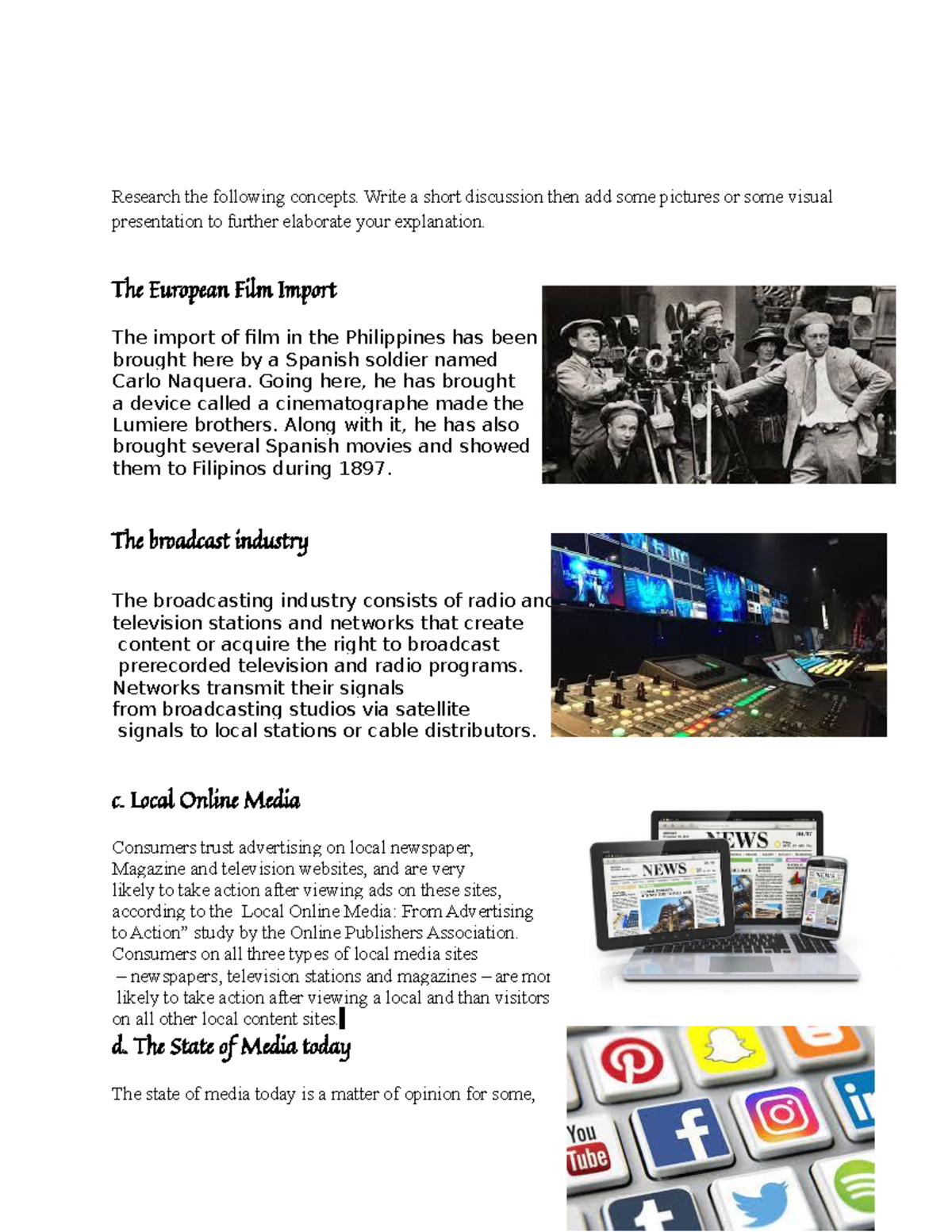 Evolution of Media - Research the following concepts. Write a short ...