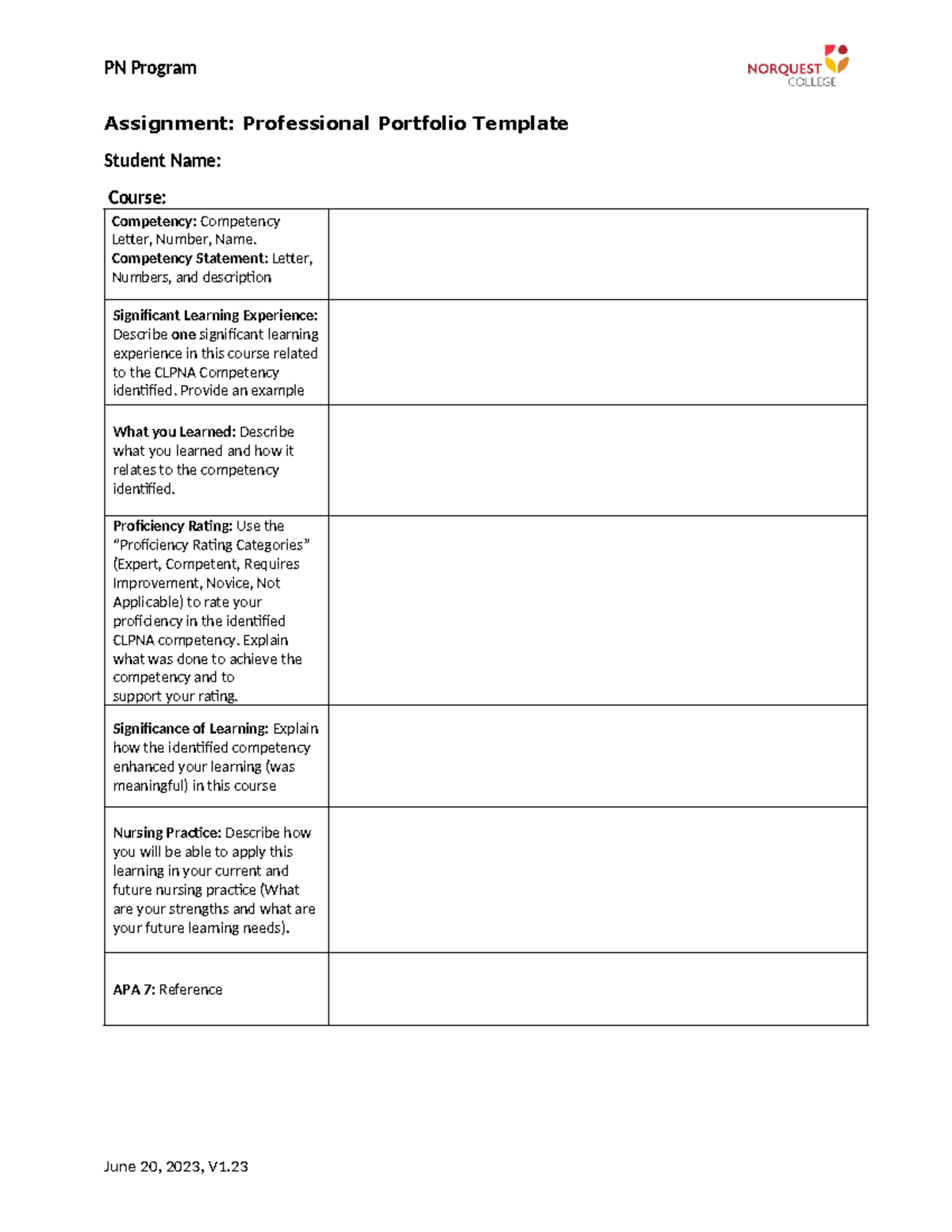 Professional Portfolio Template. V1.23 - PN Program Assignment ...