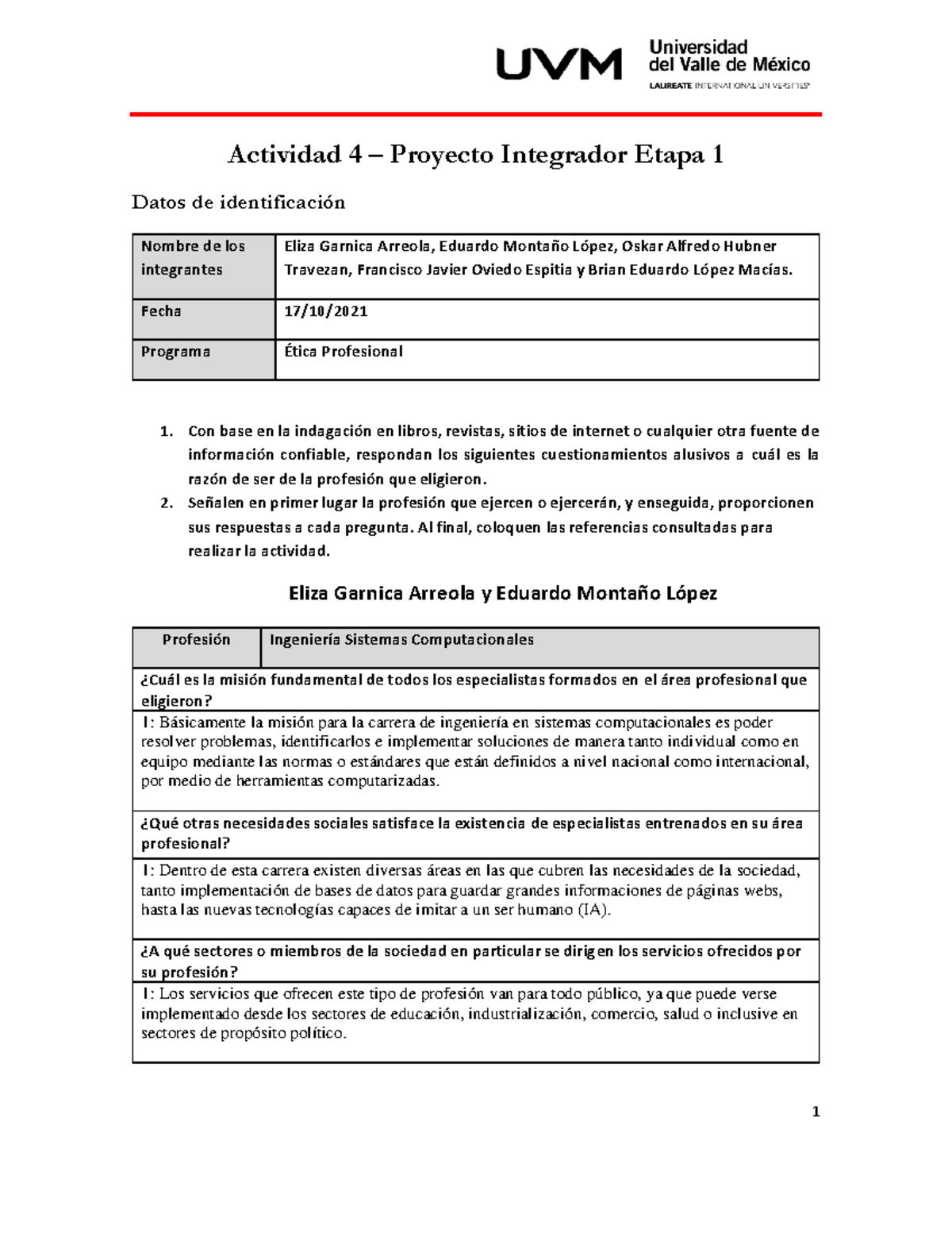 Actividad 4 – Proyecto Integrador Etapa 1 - 1 Actividad 4 – Proyecto Integrador Etapa 1 Datos de ...