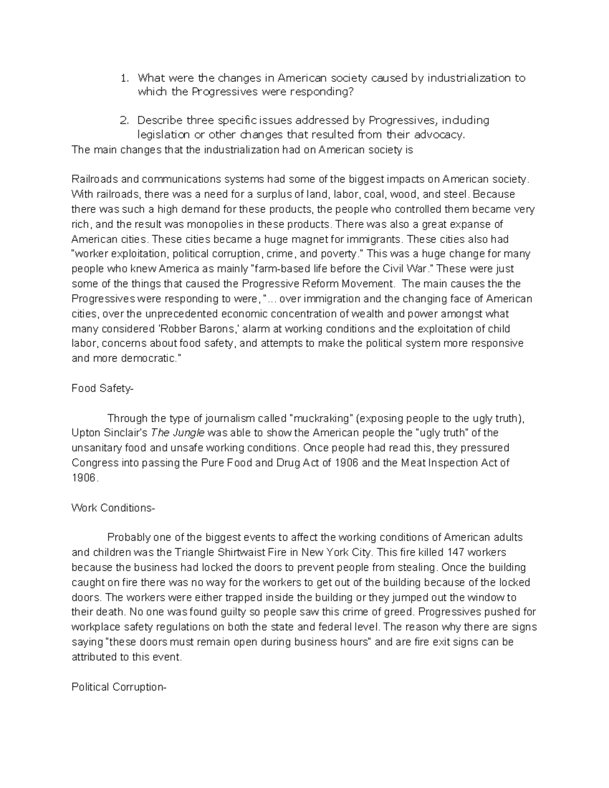 Industrialization %2F Progressives - 1. What were the changes in ...