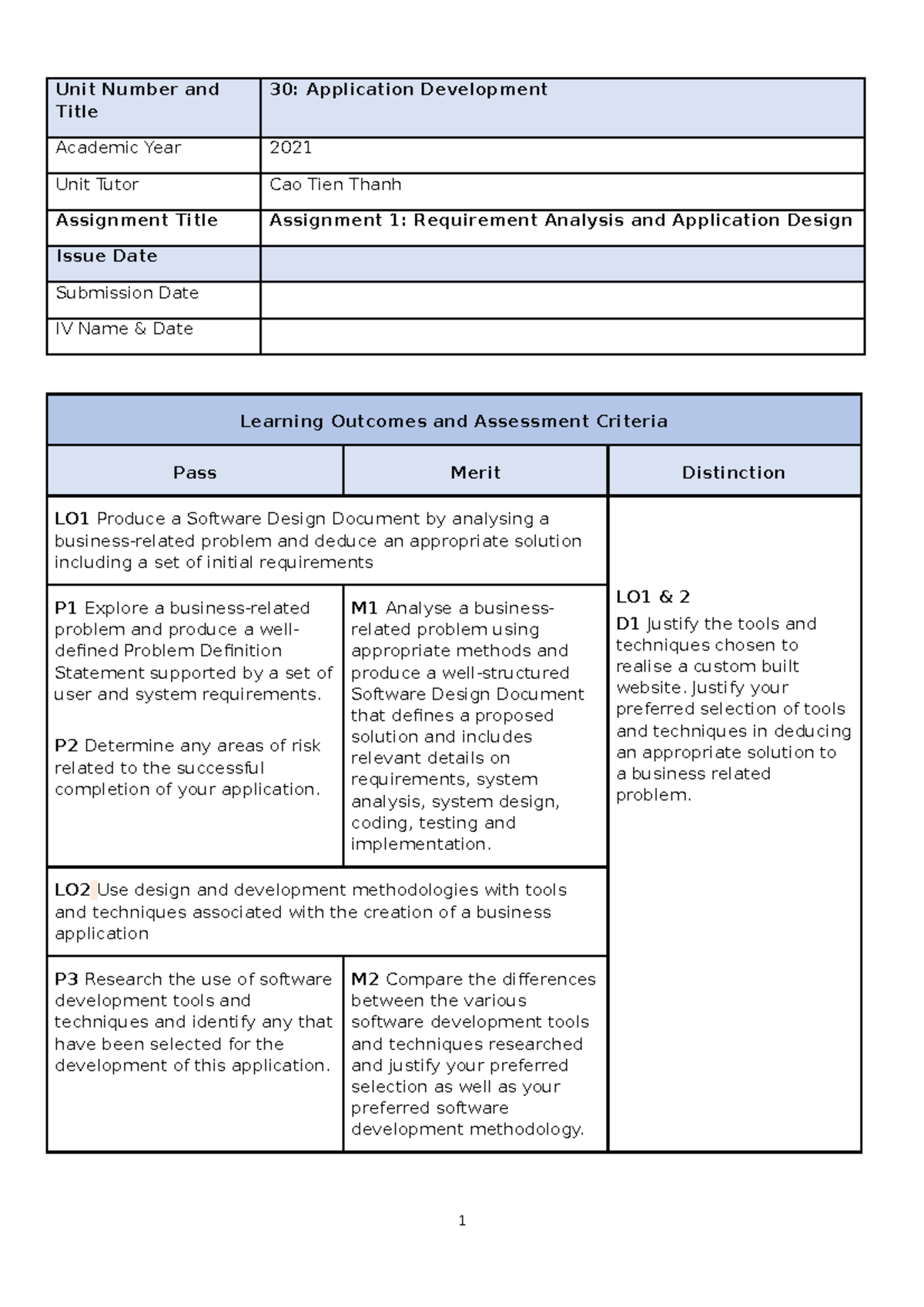 Unit 30 Assignment 1 Brief - Unit Number and Title 30: Application Development Academic Year ...