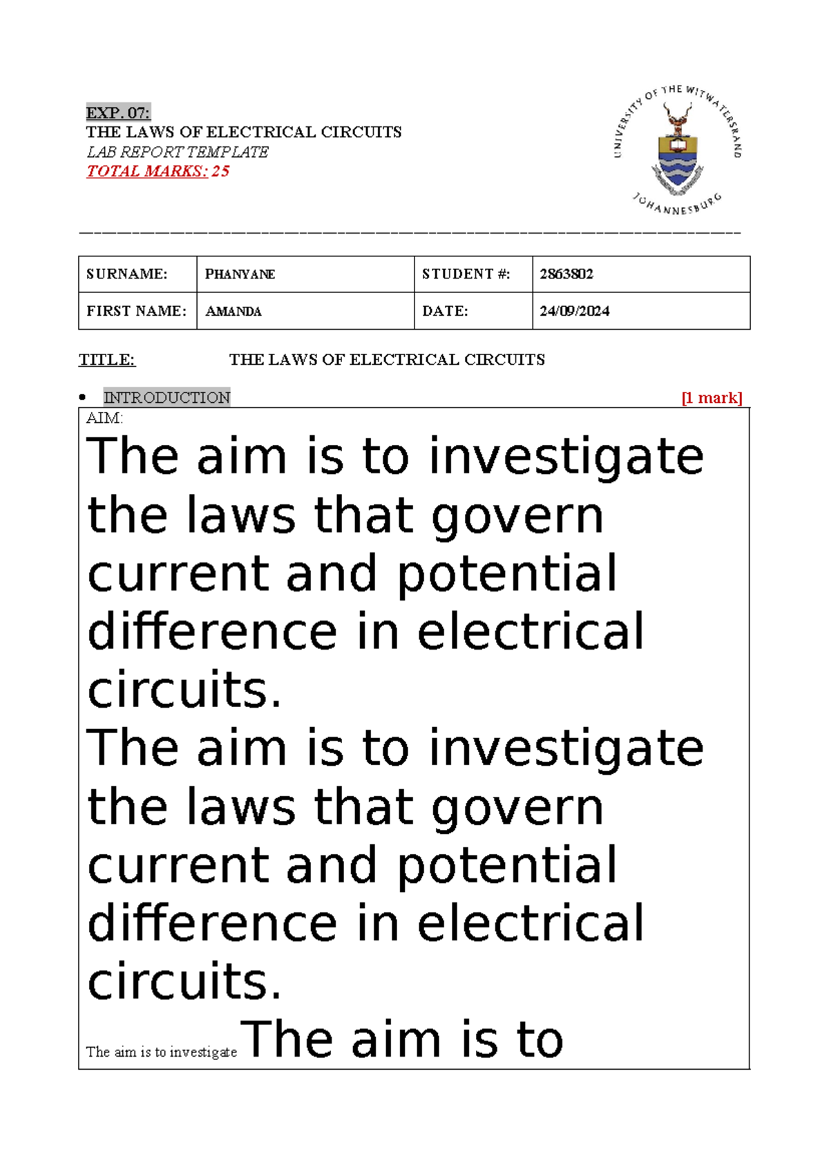 Exp07 - Electrical Circuits - Lab Report Template - EXP. 07: THE LAWS ...