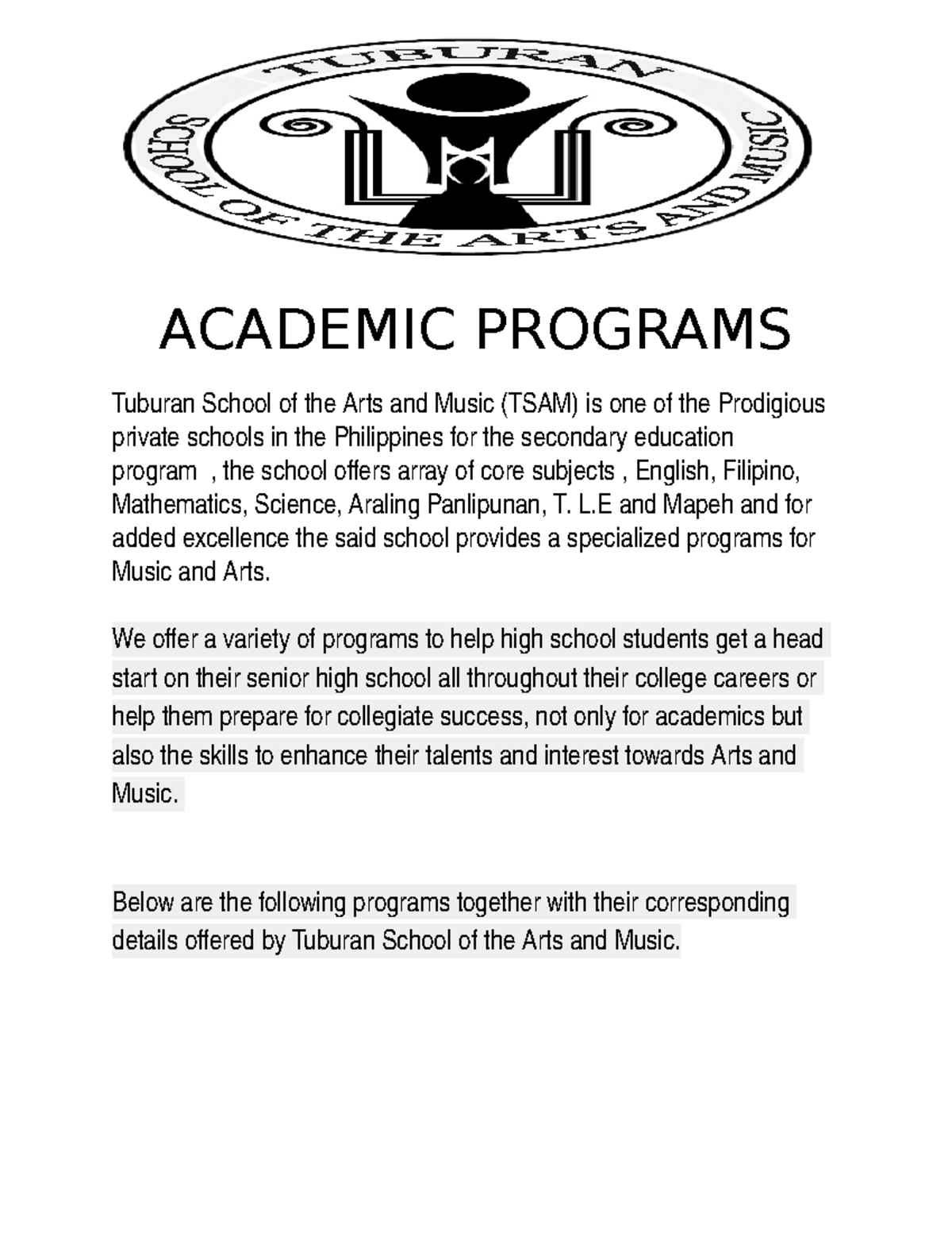 Academic Programs and Core Subjects - ACADEMIC PROGRAMS Tuburan School ...