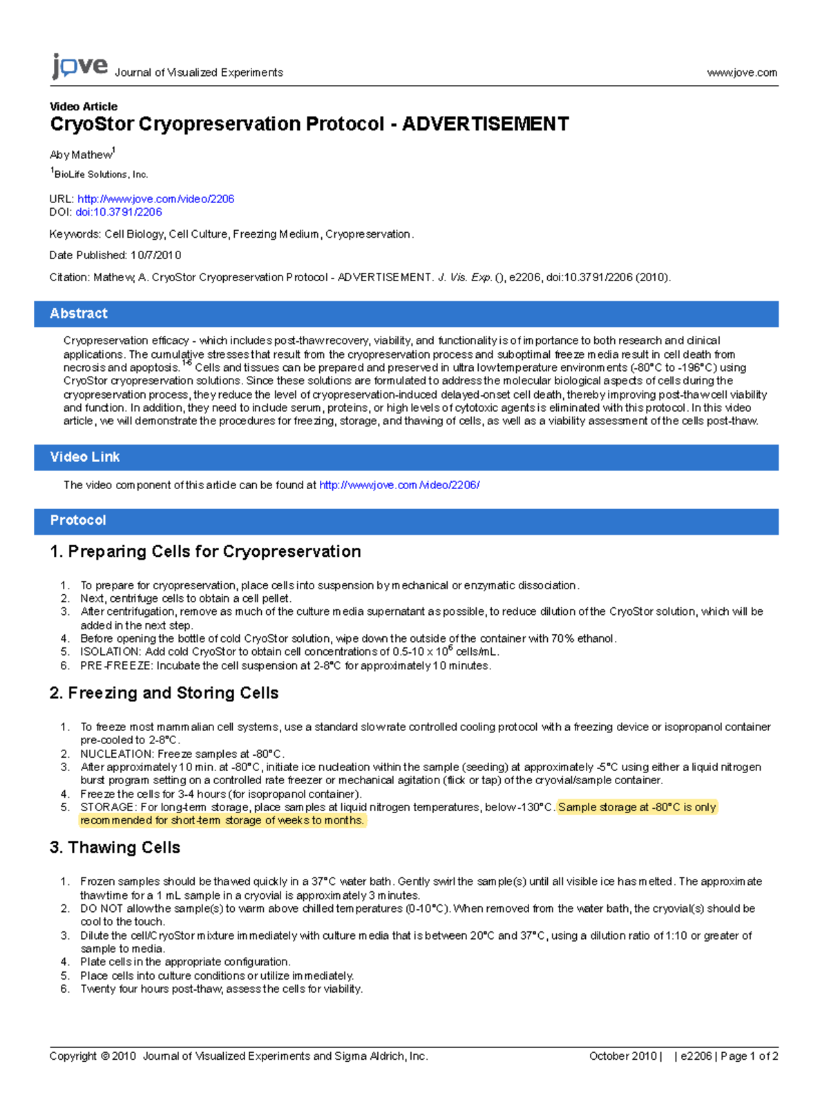 Cryo Stor Cryopreservation Protocol - Advertisement - Journal of ...