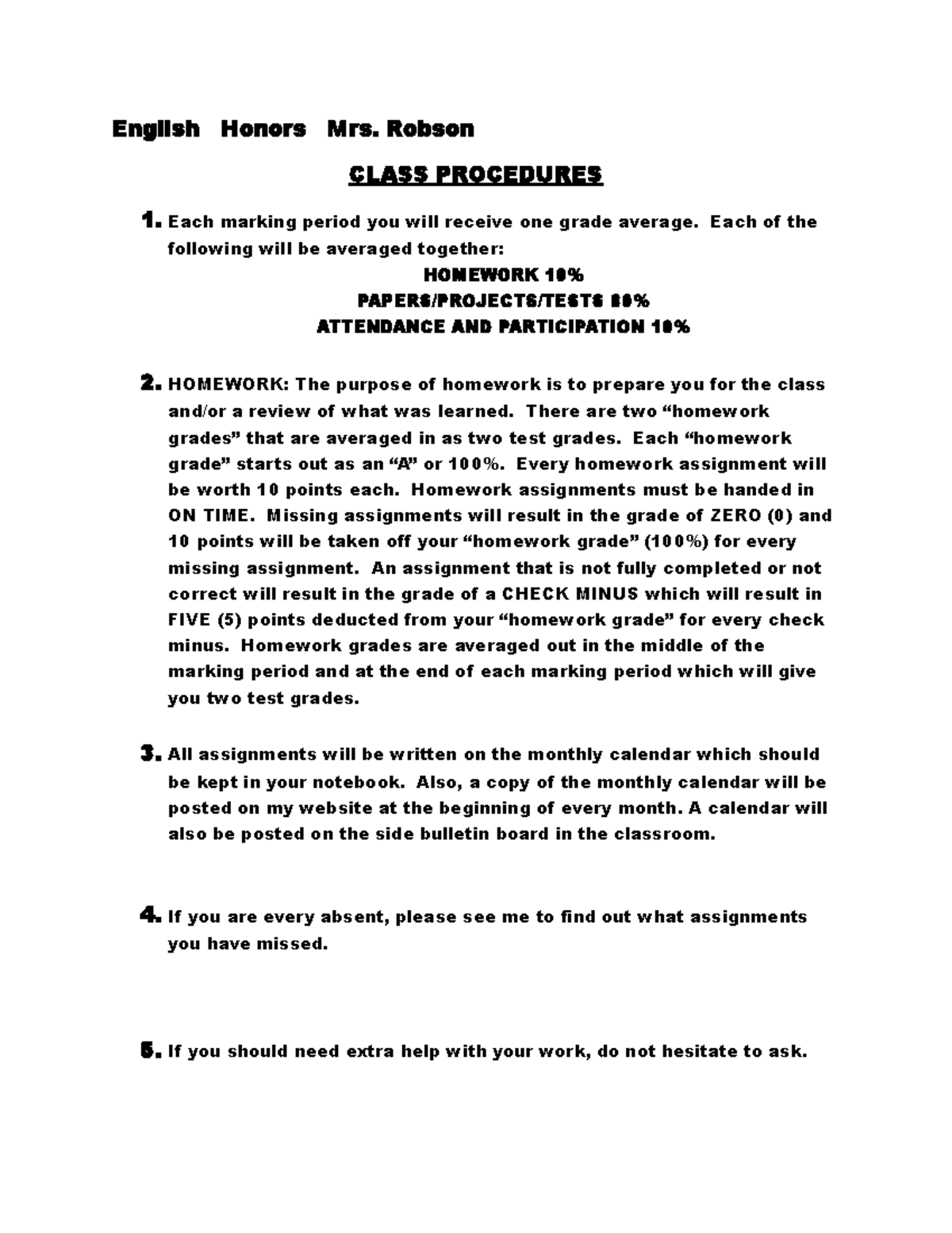 English Honorsrules - English Honors Mrs. Robson CLASS PROCEDURES 1 ...