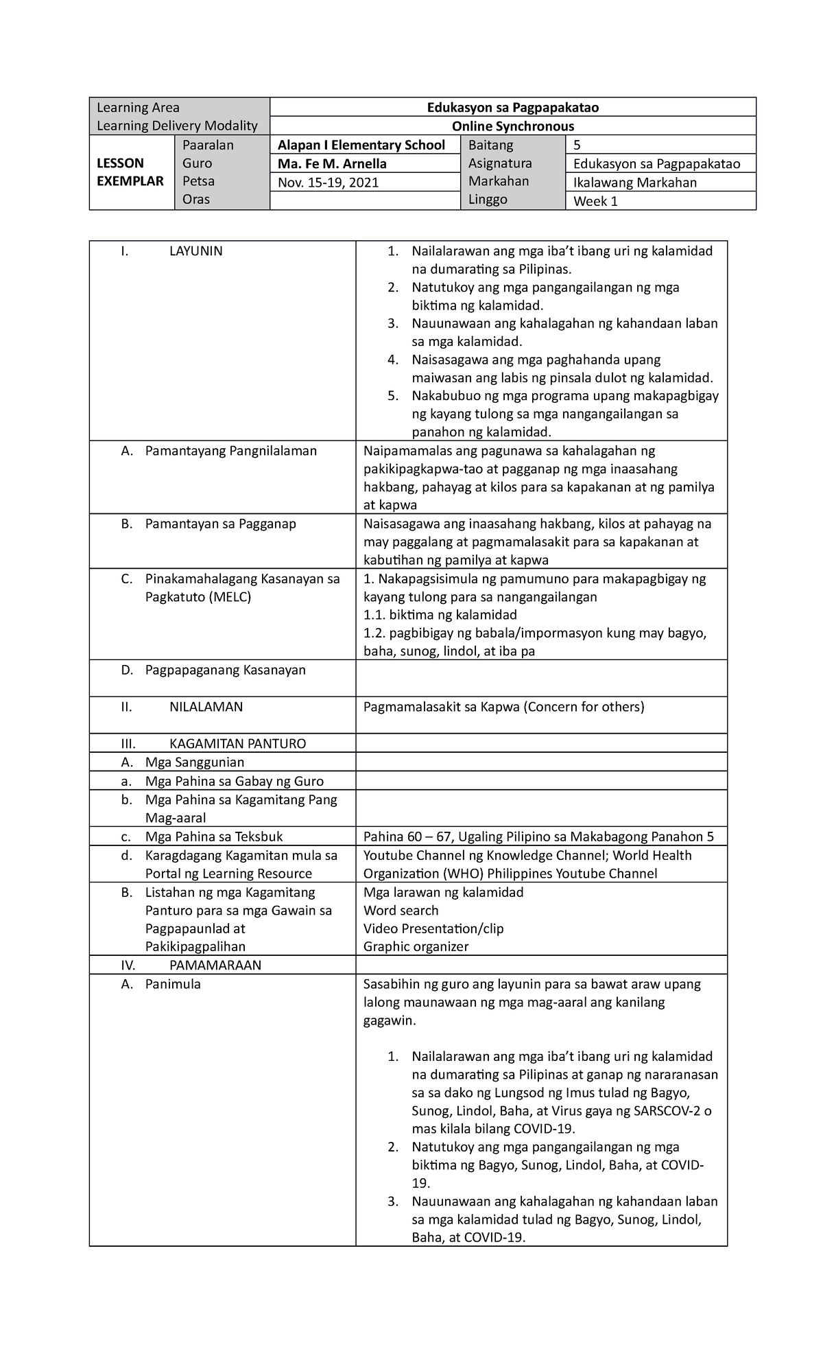 ESP G5 Q2 WEEK 1 - THIS IS LESSON PLAN IN ESP - Learning Area Learning ...
