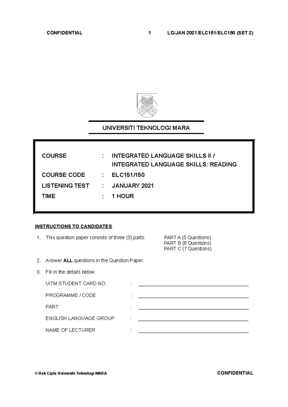ELC151 Listening QP SET 2 Jan 2021 - UNIVERSITI TEKNOLOGI MARA COURSE ...