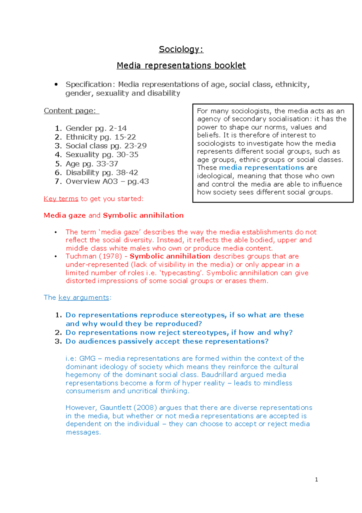 Media representations booklet - Sociology: Media representations ...