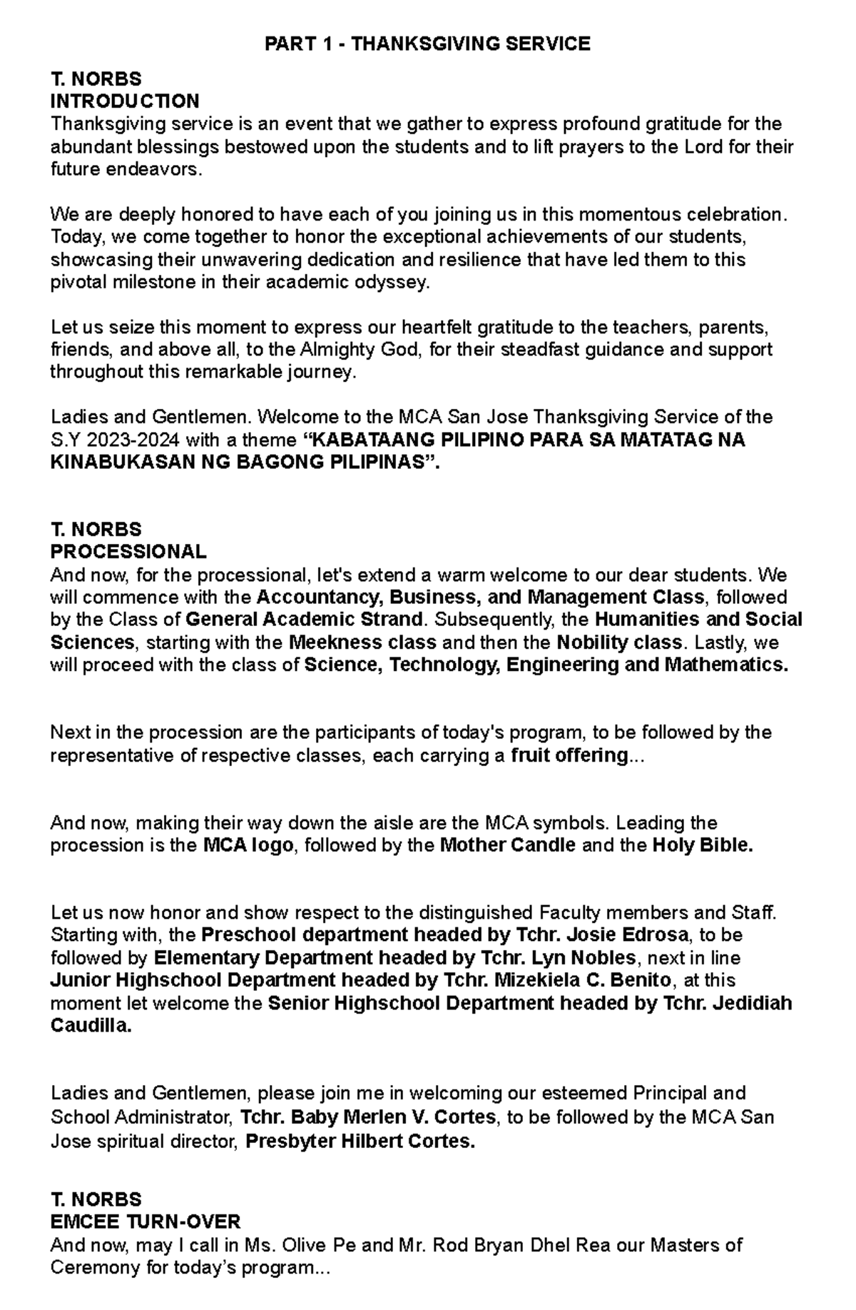 G11- Thanksgiving Script - PART 1 - THANKSGIVING SERVICE T. NORBS ...