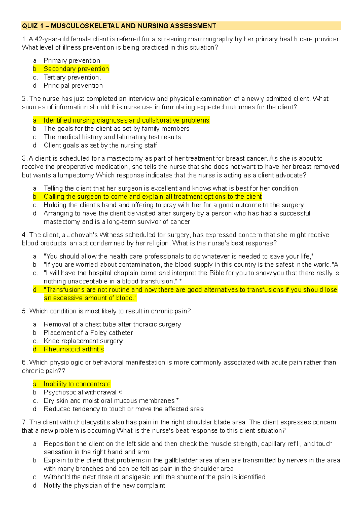 CA - Sample questions for boards - QUIZ 1 – MUSCULOSKELETAL AND NURSING ...