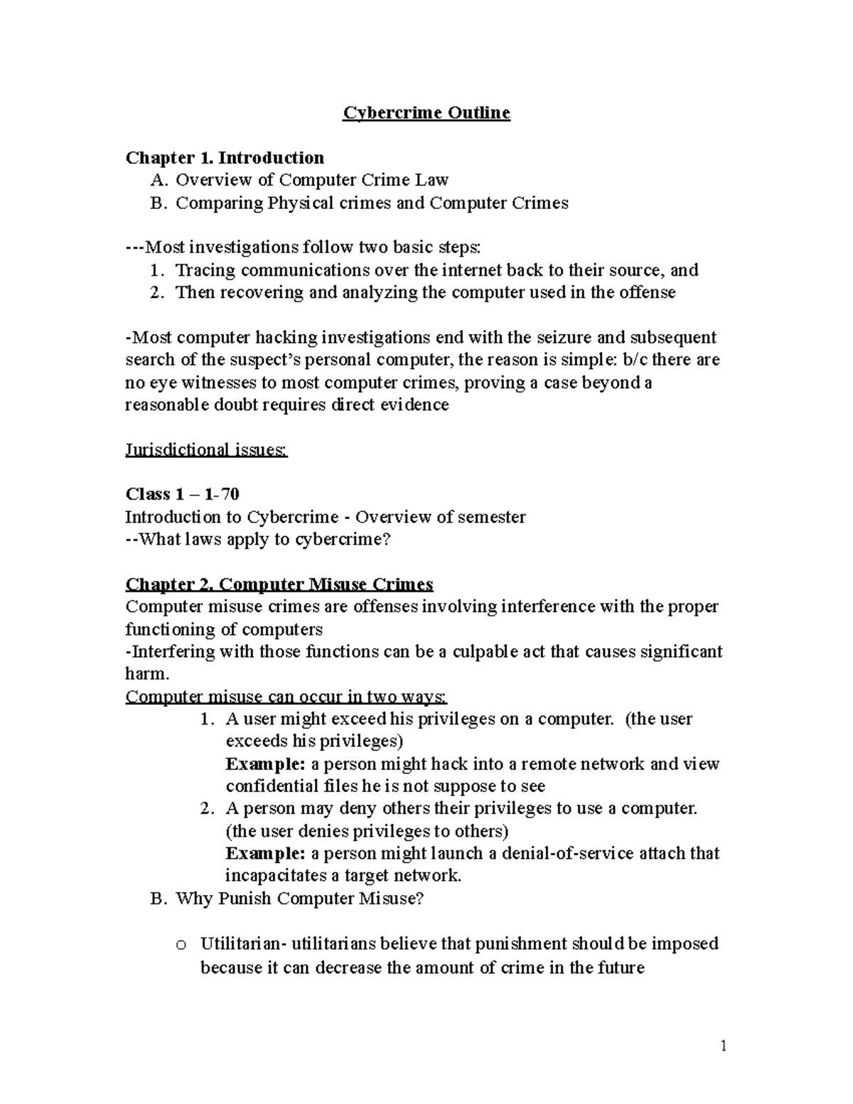 2019 Cybercrime Outline Lecture Notes - Cybercrime Outline Chapter 1 ...