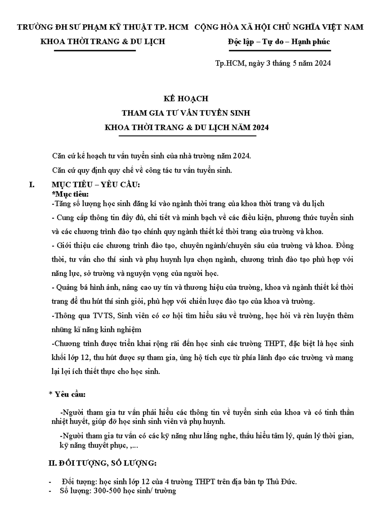 SP Bản kế hoạch - hgyu - KẾ HOẠCH THAM GIA TƯ VẤN TUYỂN SINH KHOA THỜI ...