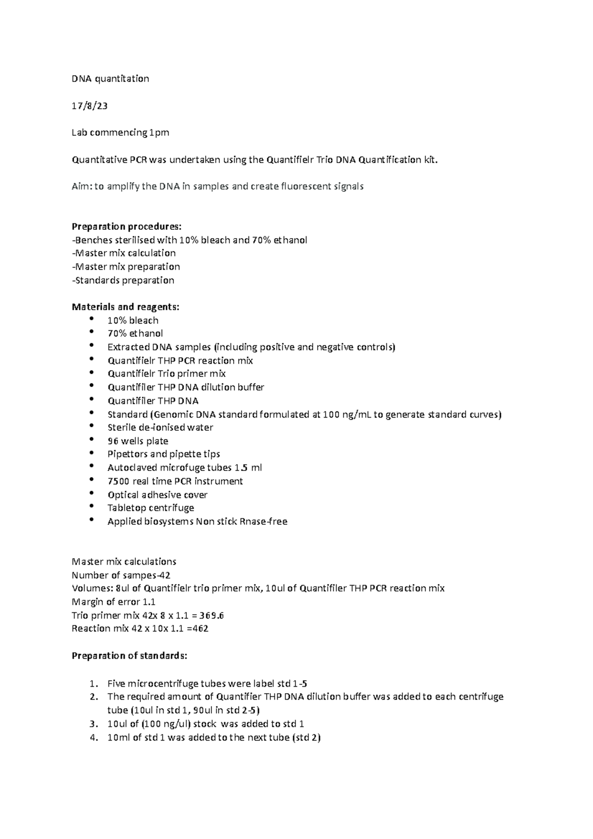DNA quantitation - lab notes for lab 2 - one note assessment - DNA ...