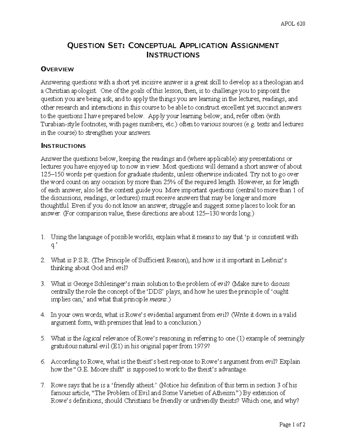 Question Set Conceptual Application Assignment Instructions - APOL 620 QUESTION SET: CONCEPTUAL ...