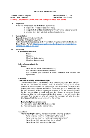 A Detailed Lesson Plan in English 5a's - Delfin I. Objectives EN9LT ...