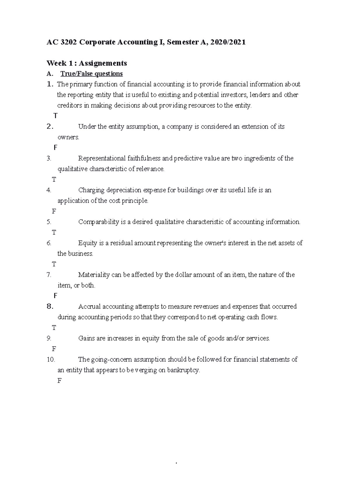 Week 1 Assignments - HOMEWORK - AC 3202 Corporate Accounting I ...