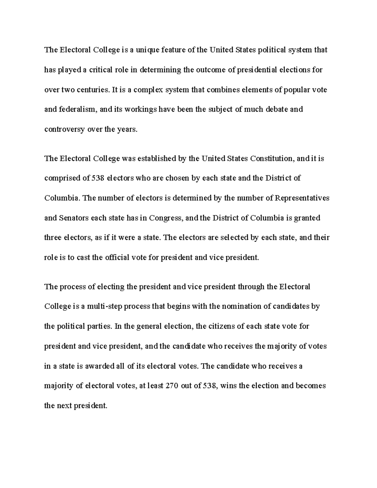 Electoral College Notes - The Electoral College is a unique feature of ...