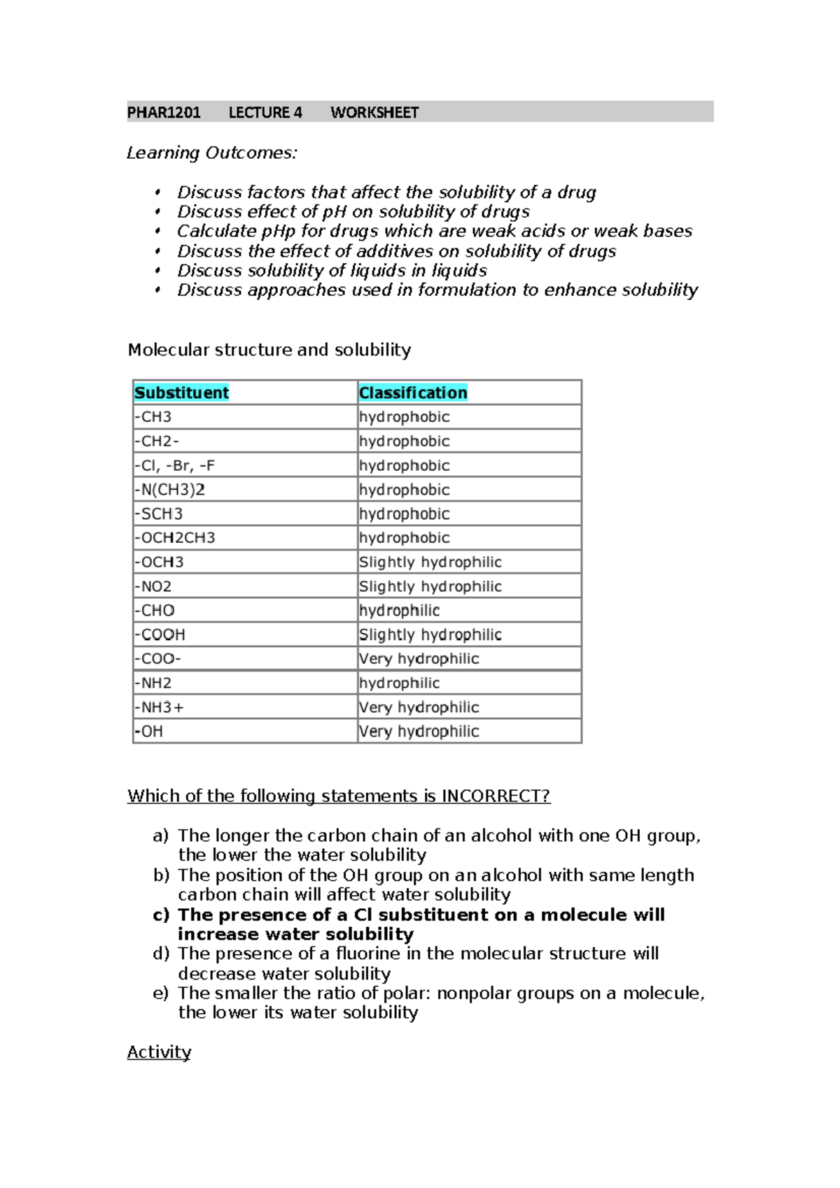 PHAR L4 W:S - Lecture workbook solutions - PHAR1201 LECTURE 4 WORKSHEET ...