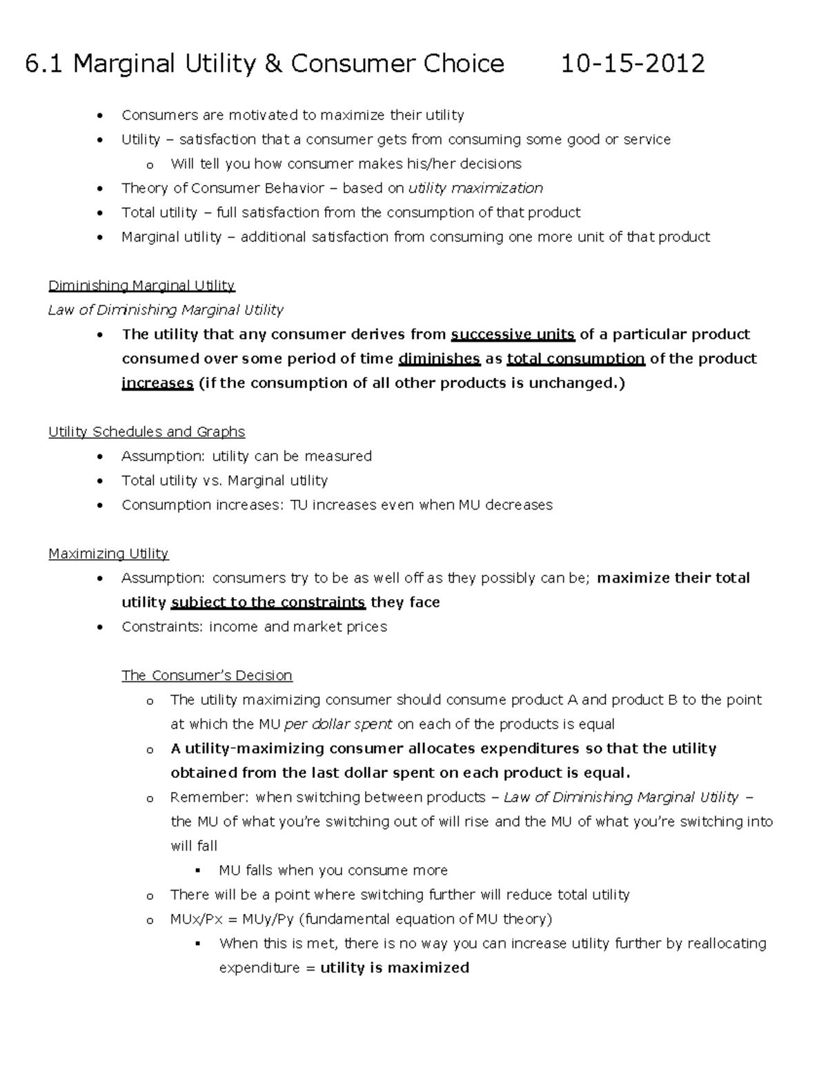 Summary Microeconomics - chapters 6-8 - 6 Marginal Utility Consumer ...