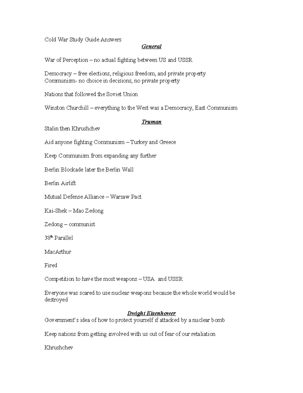 Cold War Study Guide Answers - Cold War Study Guide Answers General War ...