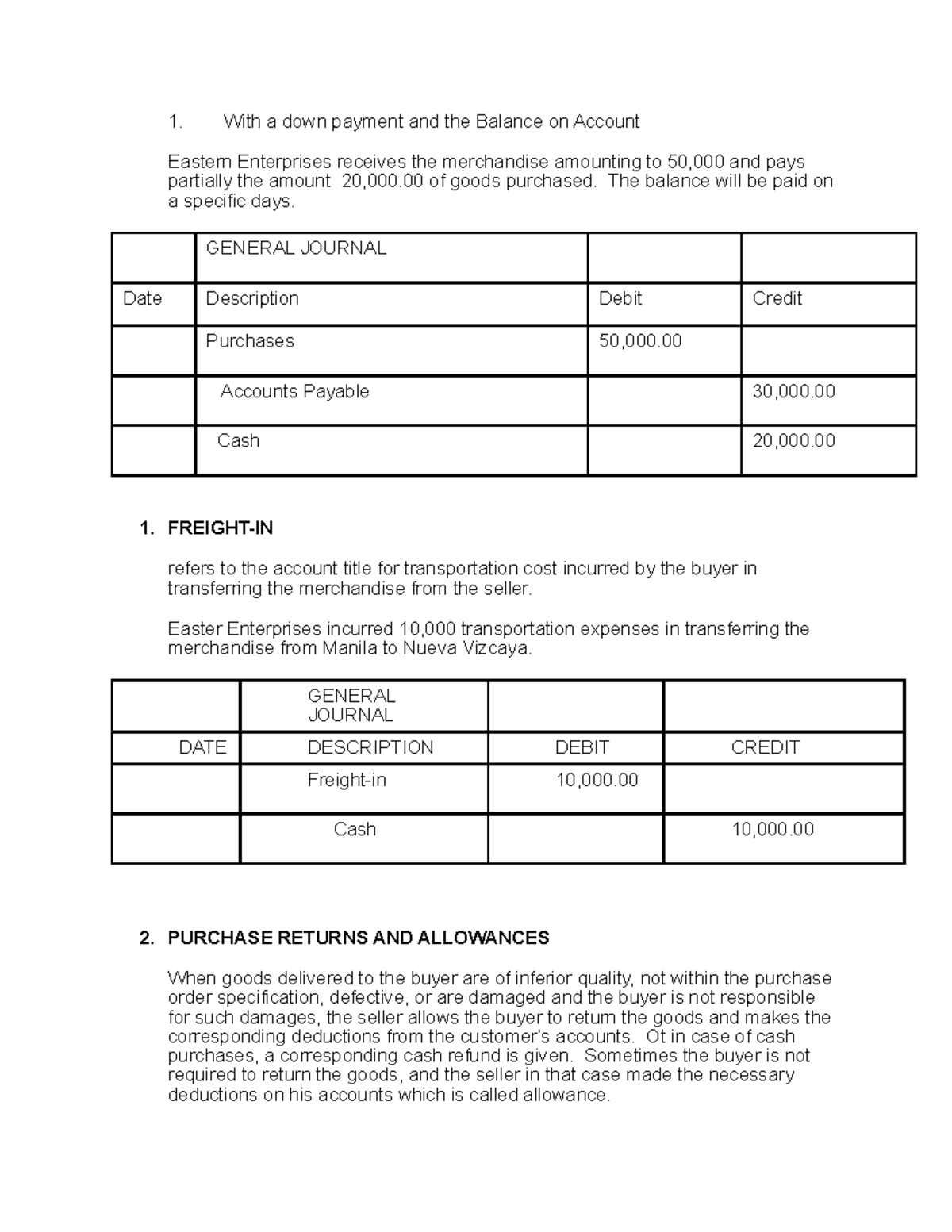 Payment and the Balance on Account - With a down payment and the ...