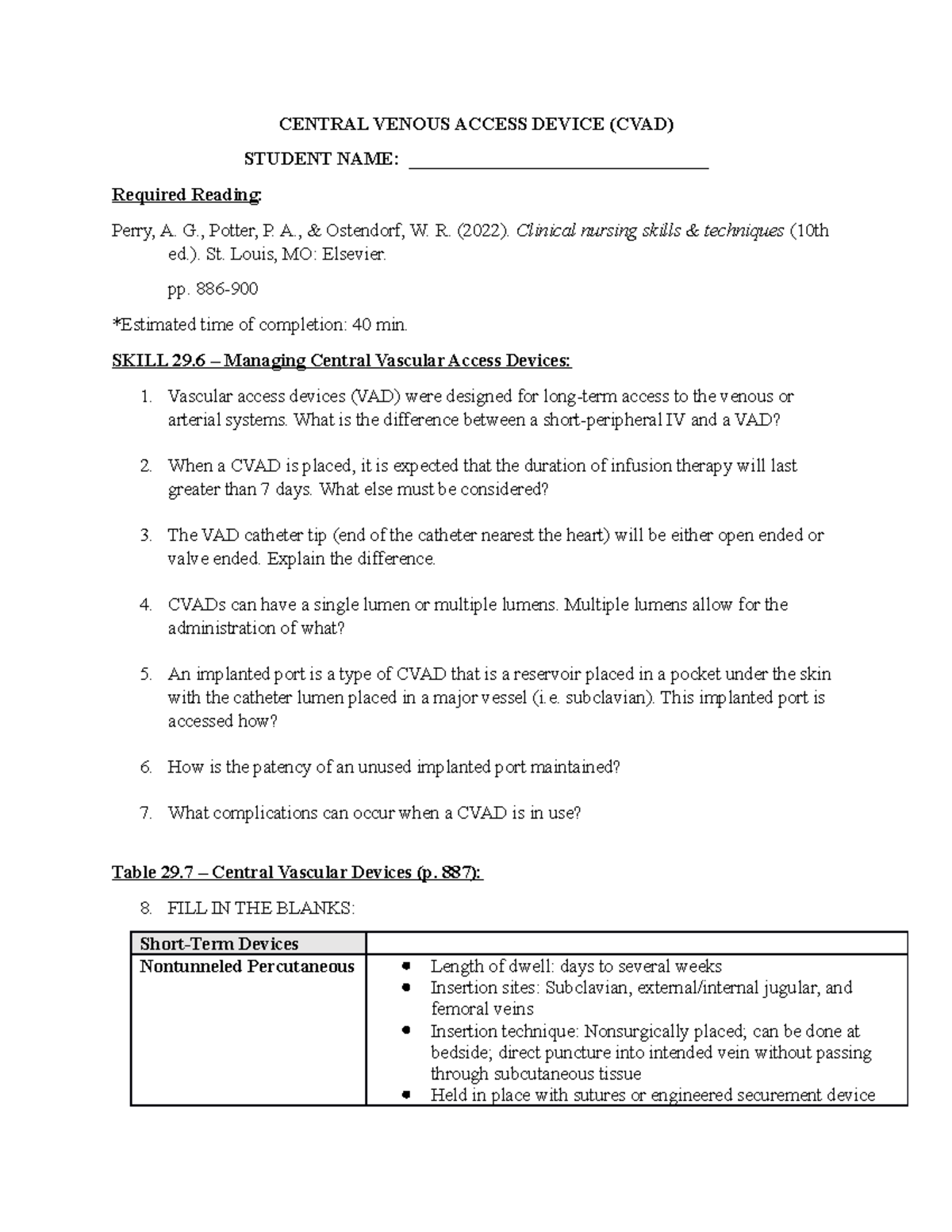 Pre-work - 10th CVADs - LAB - CENTRAL VENOUS ACCESS DEVICE (CVAD ...