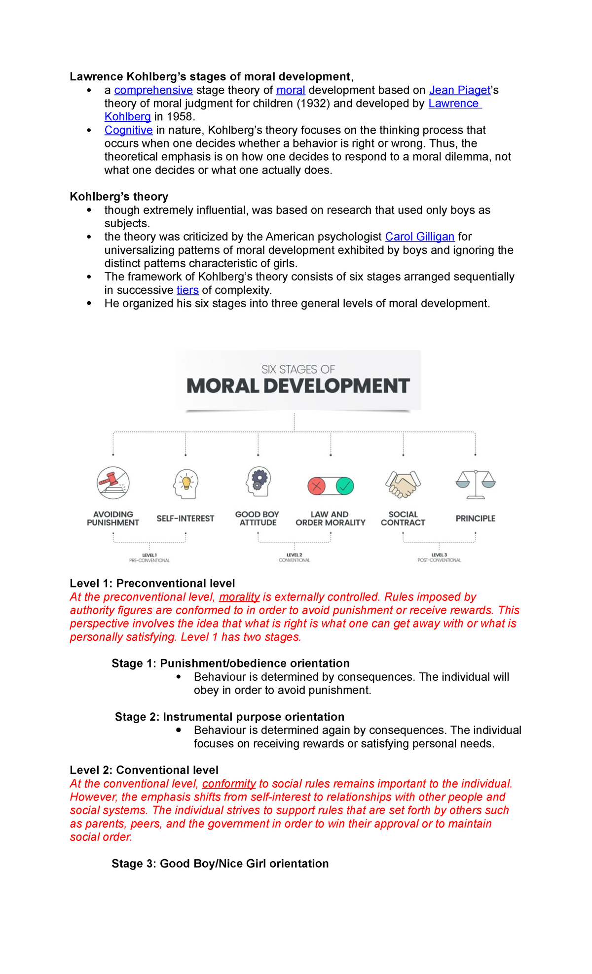 Lawrence Kohlberg’s stages of moral development - Cognitive in nature ...