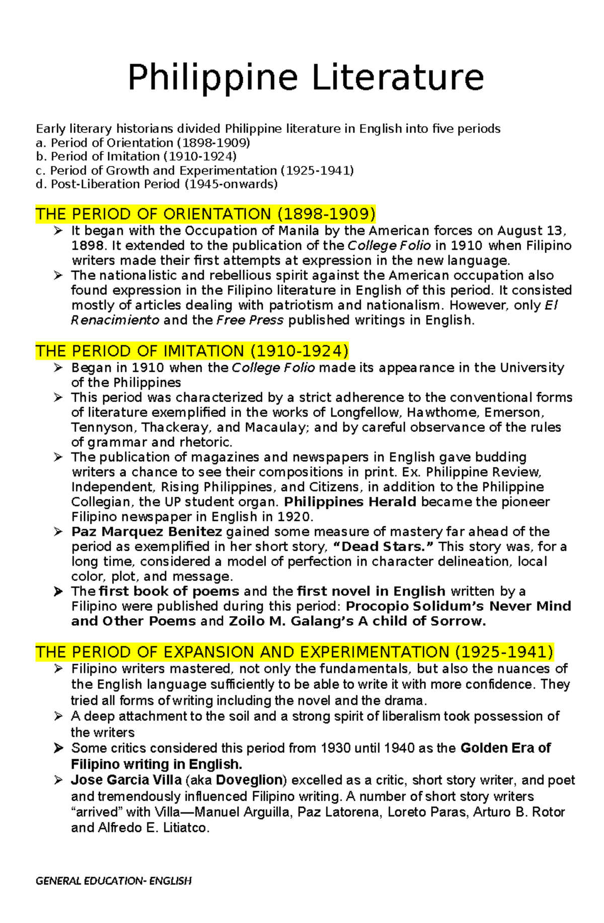 Philippine Literature - Period of Orientation (1898-1909) b. Period of ...