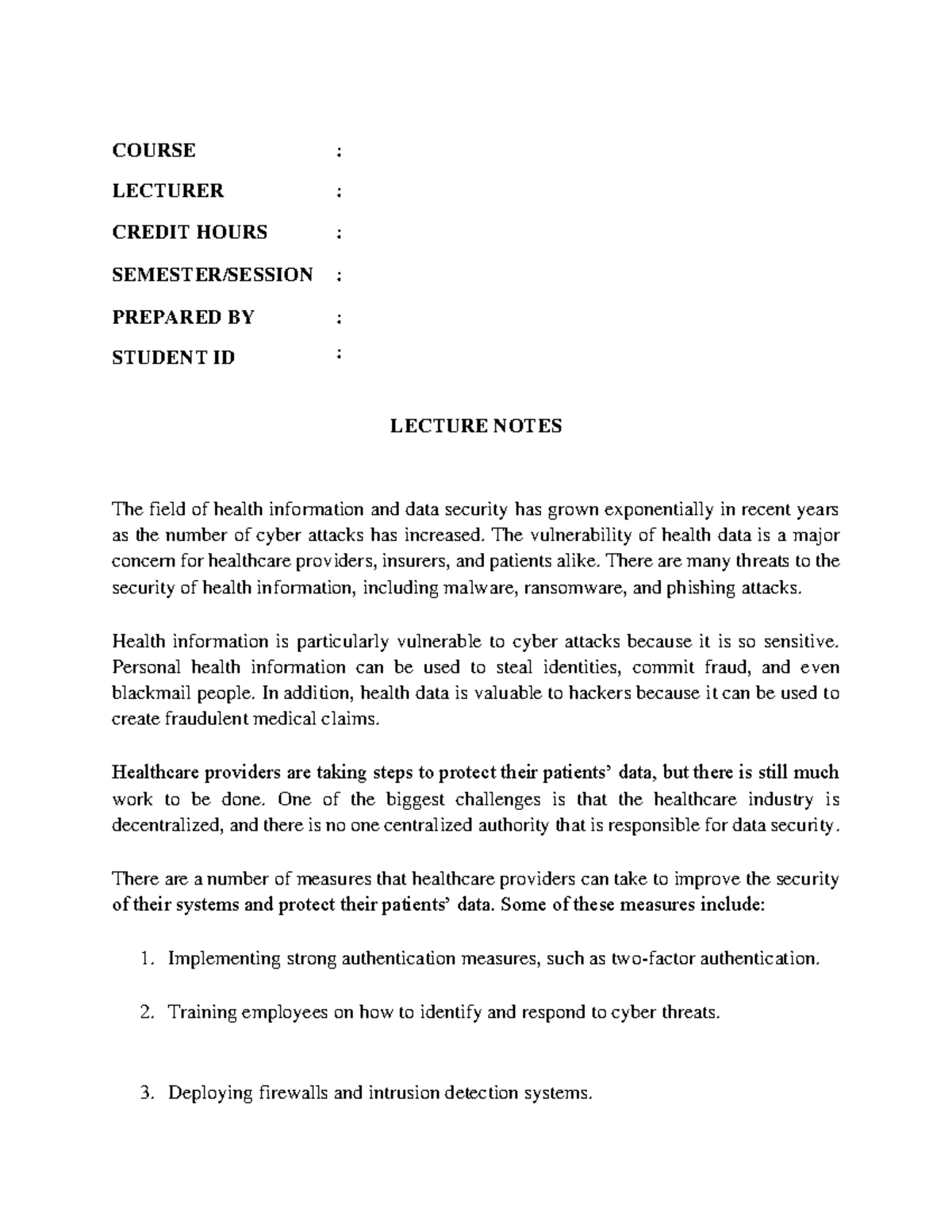 Health Information and Data Security Lecture Notes - COURSE : LECTURER ...