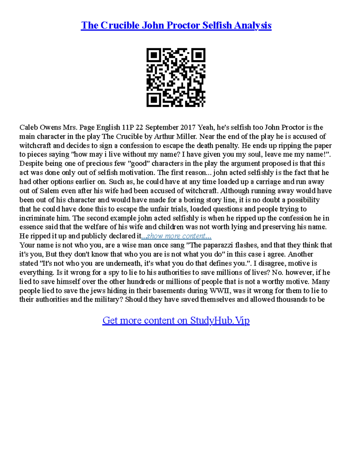 The Crucible John Proctor Essay - The Crucible John Proctor Selfish ...