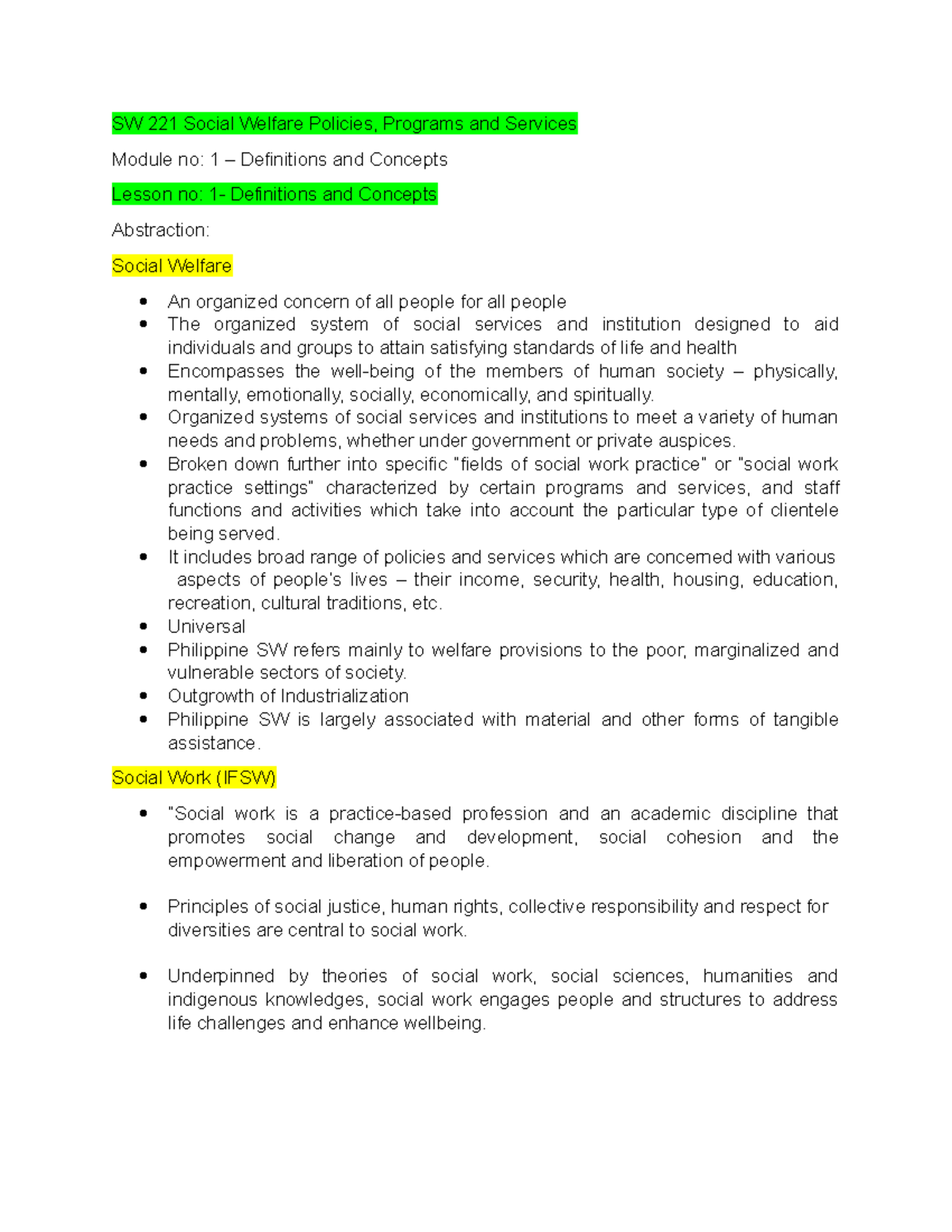 SIR-FABS-1 - Assignments - SW 221 Social Welfare Policies, Programs and ...